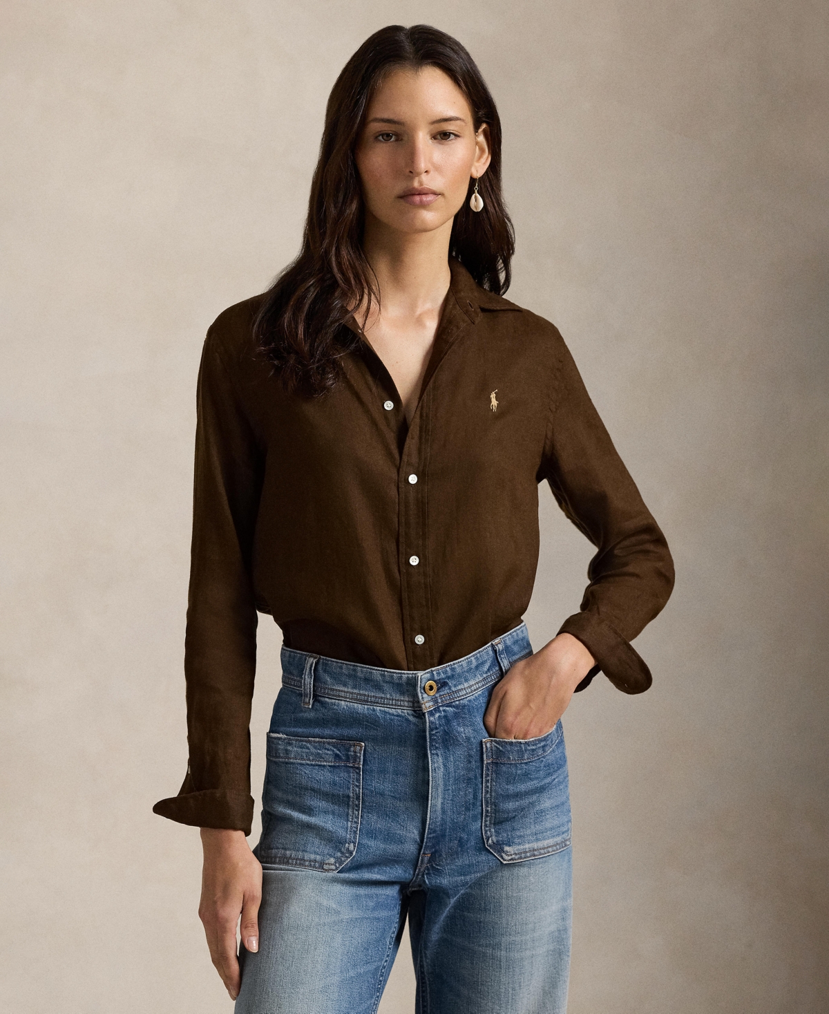 Polo Ralph Lauren Womens Classic-Fit 100 Linen Shirt - Brown