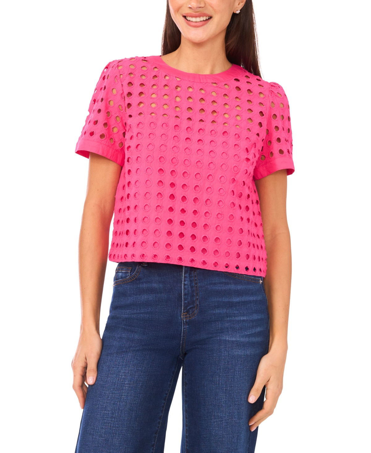 Click here for CeCe Womens Short-Sleeve Circle Eyelet Top - Pink... prices