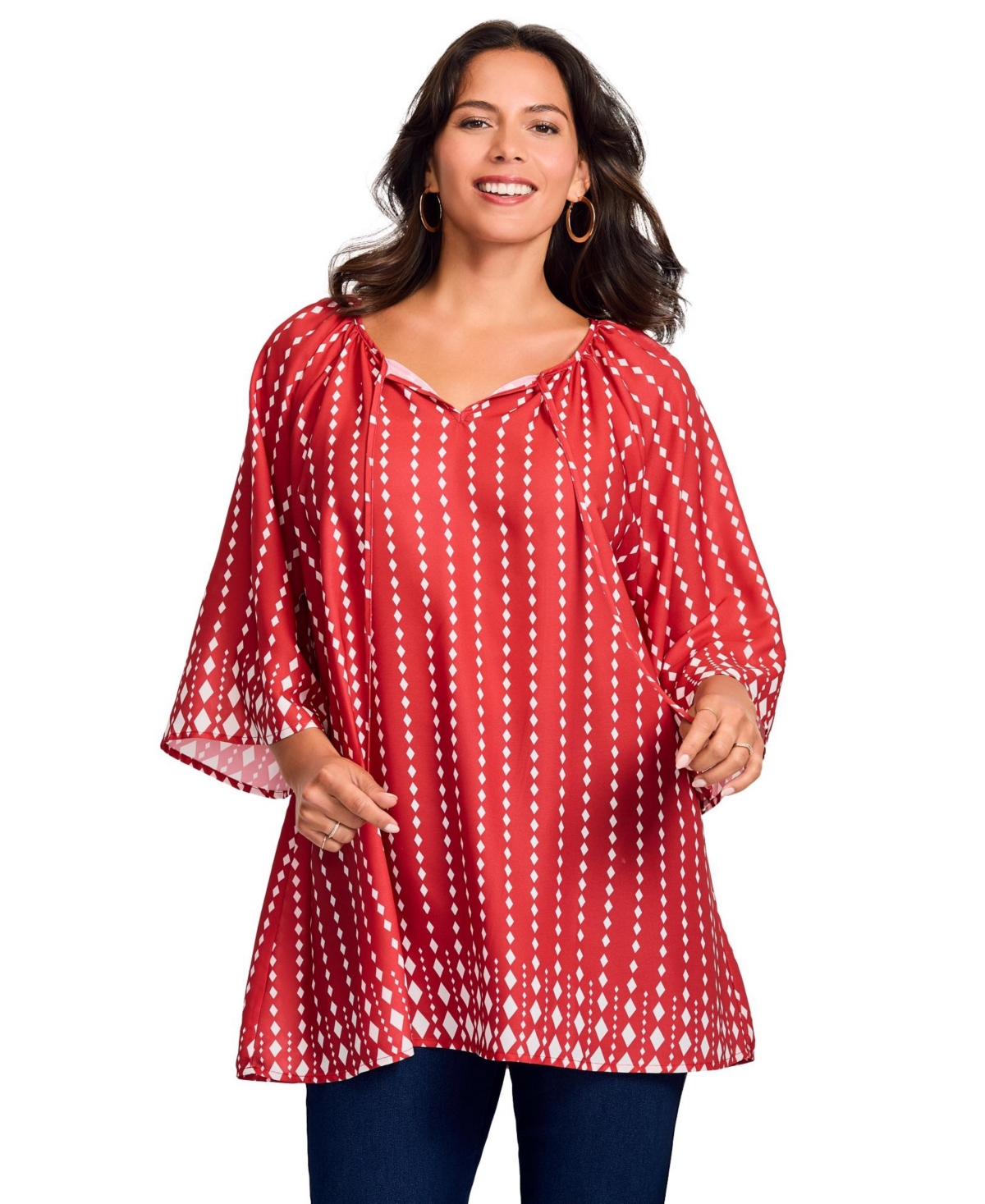 Click here for Avenue Womens Bell Sleeve Keyhole Tie Blouse - Red... prices