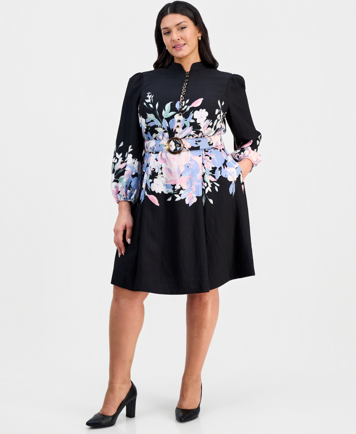 Click here for Tahari Asl Plus Size Belted Floral Print Fit & Fla... prices