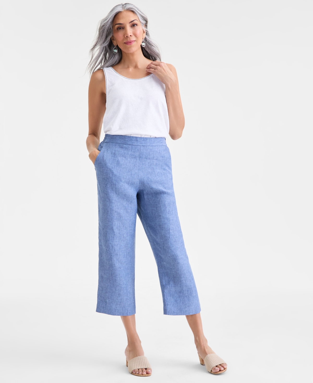 Click here for Charter Club Womens 100 Linen Solid Cropped Pull-O... prices