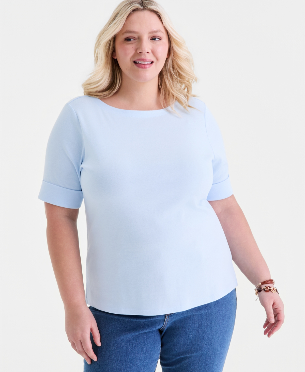 Click here for Style & Co Plus Size Boat-Neck Elbow Sleeve Cotton... prices