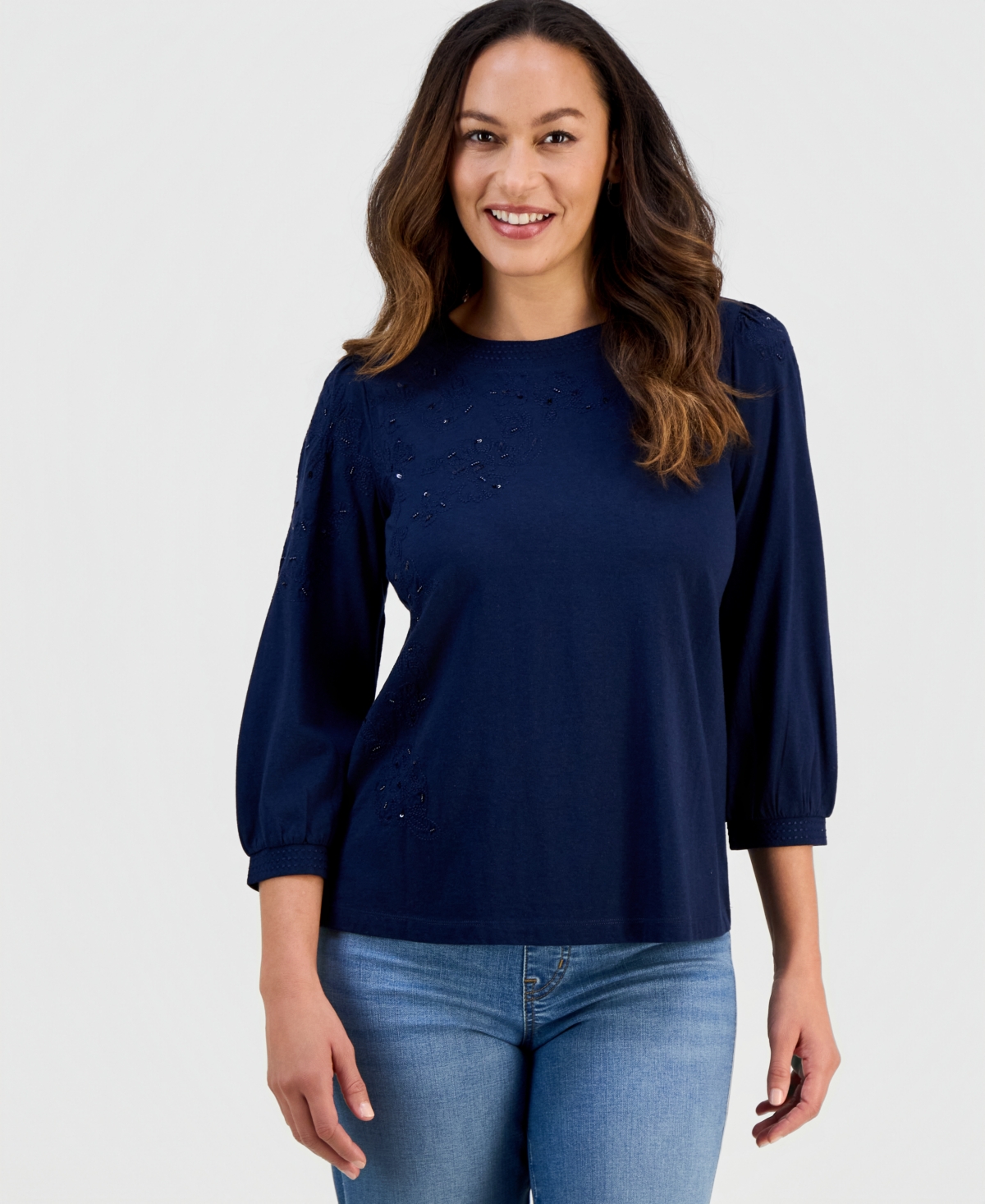 Style & Co Petite Crewneck Sequin Detail Sweatshirt  Macys Exclusive - Industrial Blue