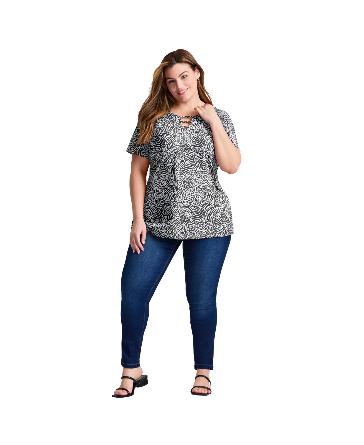 Click here for Avenue Womens Triple Keyhole Short Sleeve Tee - Bl... prices