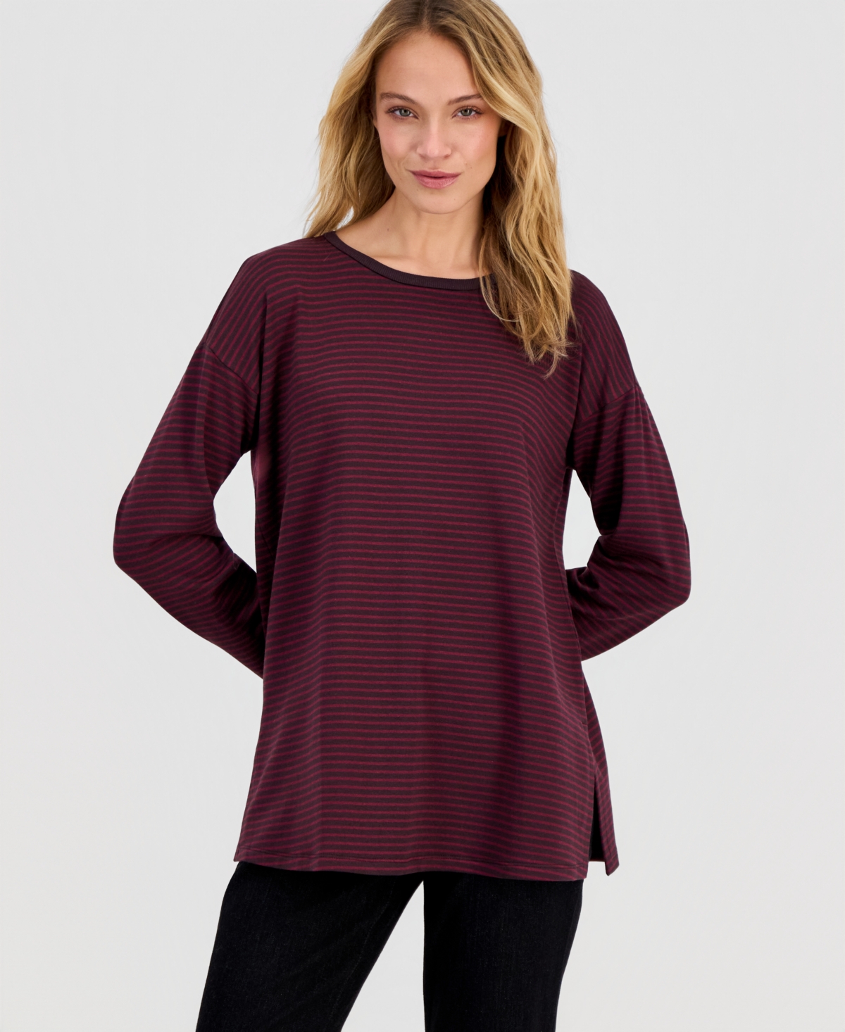 Click here for Eileen Fisher Womens Terry Striped Long-Sleeve Top... prices
