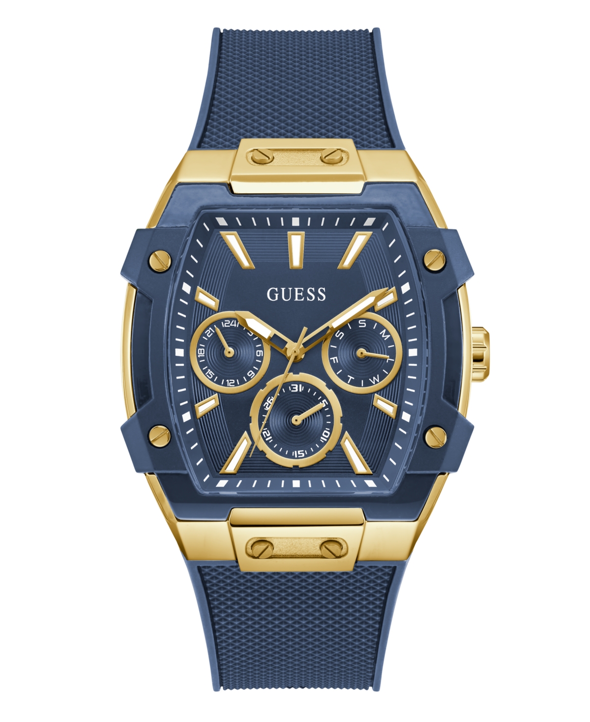 Click here for Guess Mens Gold-Tone Indigo Silicone Multi-Functio... prices