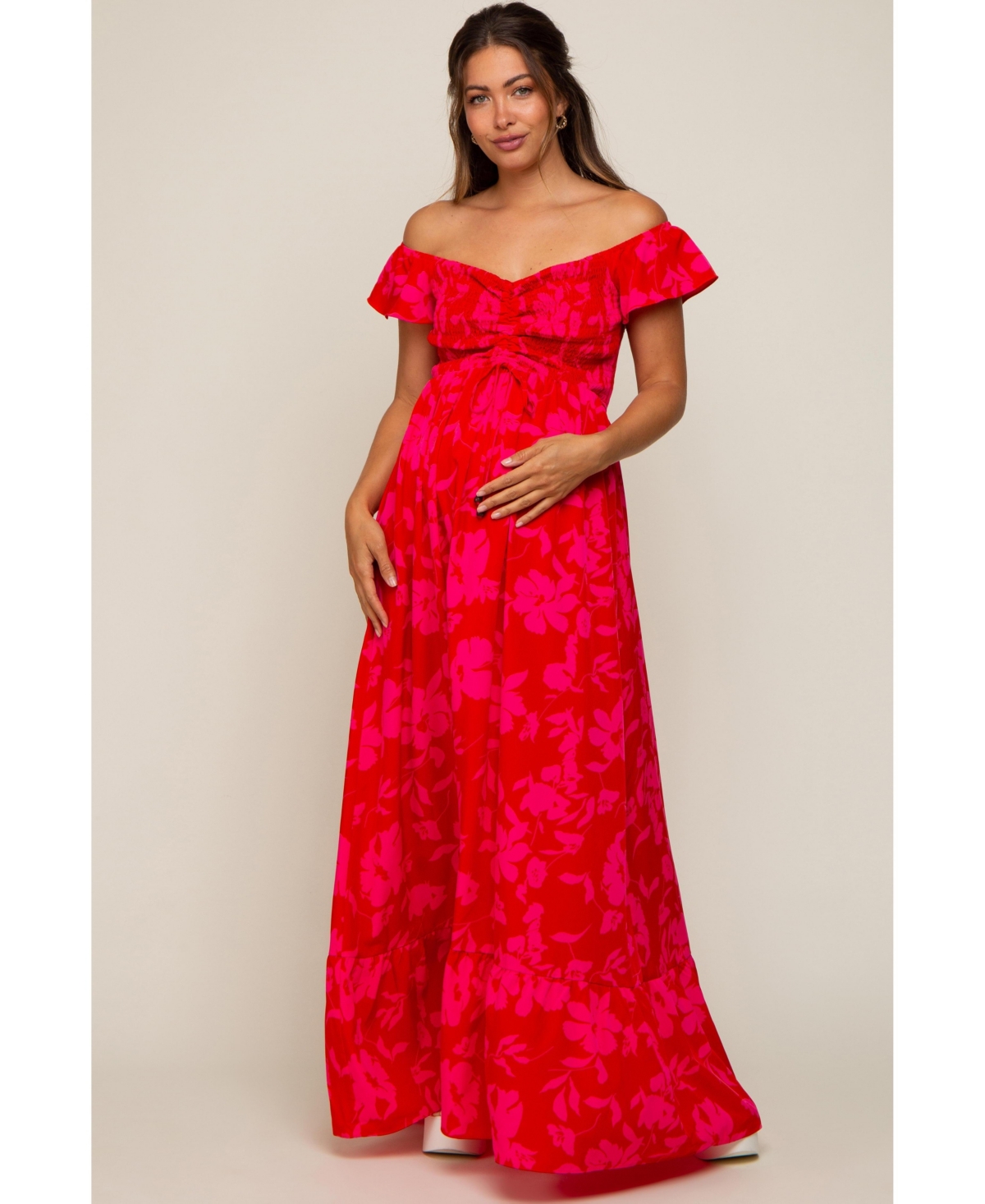 Click here for Pinkblush Maternity Red Floral Smocked Cinched Top... prices