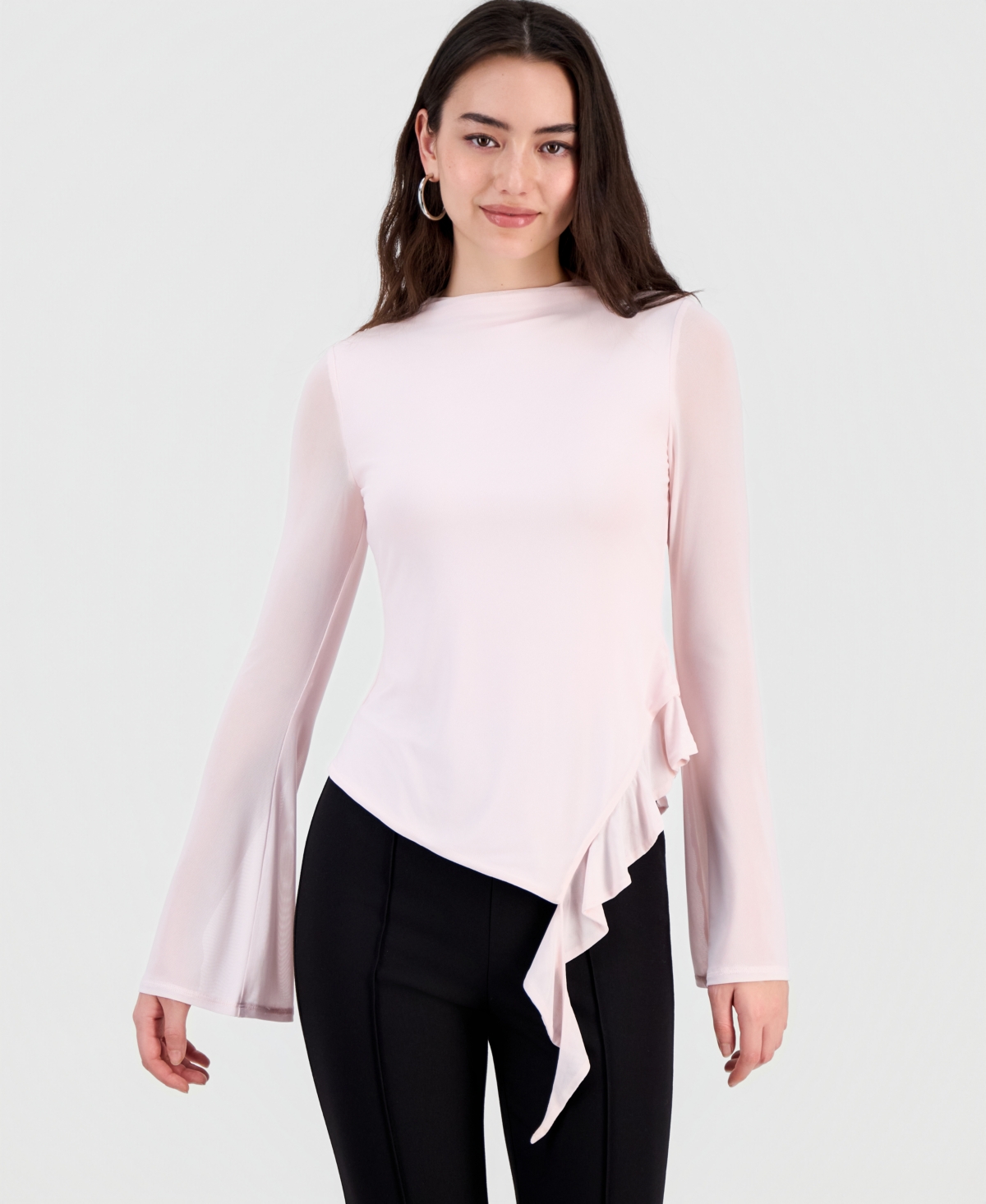 Click here for Bar Iii Womens Mock-Neck Ruffled-Trim Top  Macys E... prices