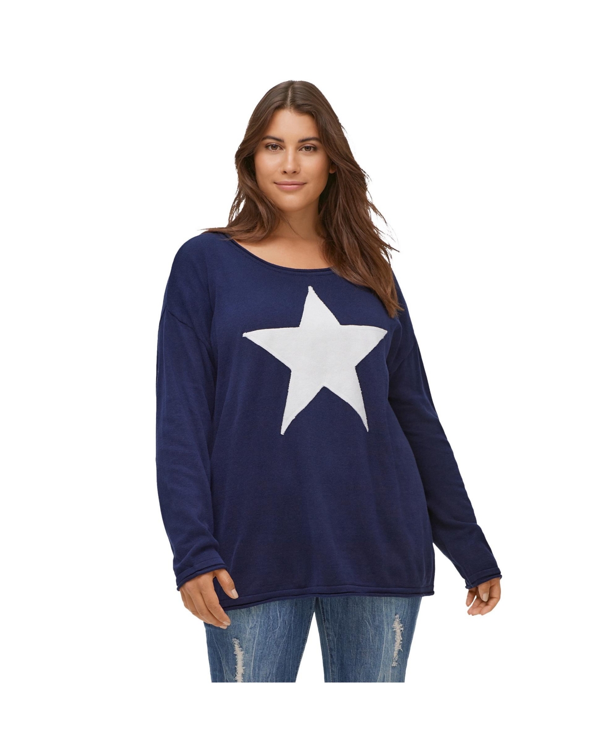 Click here for ellos Womens Plus Size Star Applique Sweater - Nav... prices
