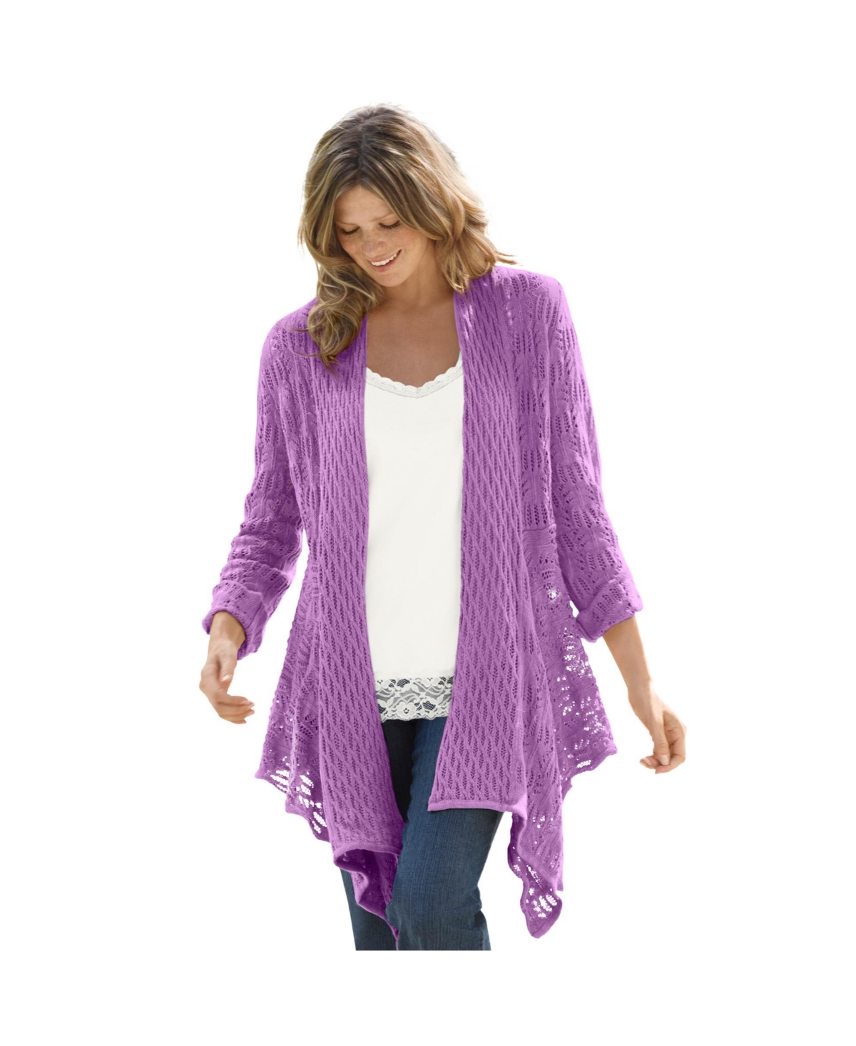 Click here for Woman Within Plus Size Open Front Pointelle Cardig... prices