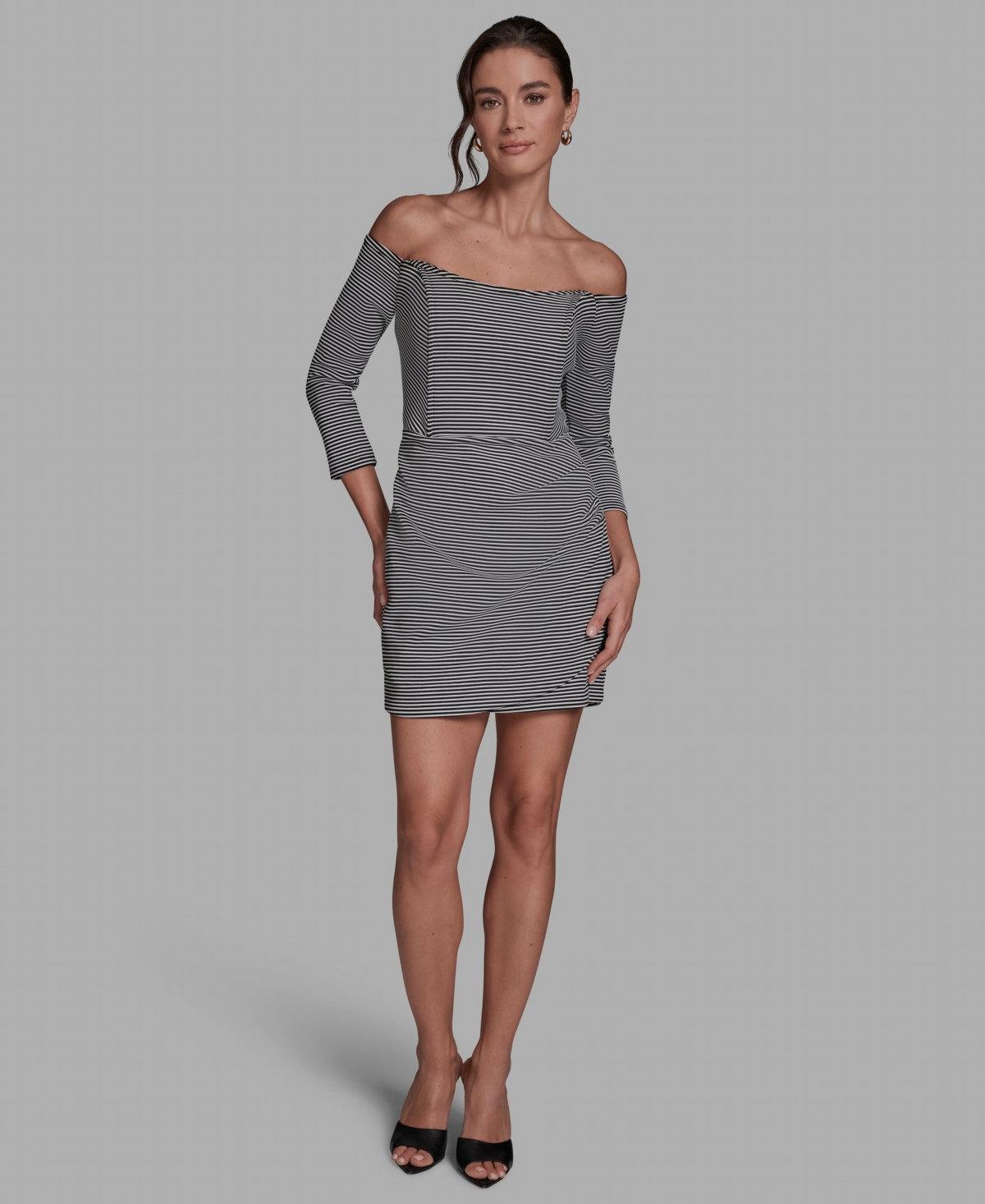 Click here for Bcbg Womens Stripe Ottoman Off Shoulder Sheath Dre... prices