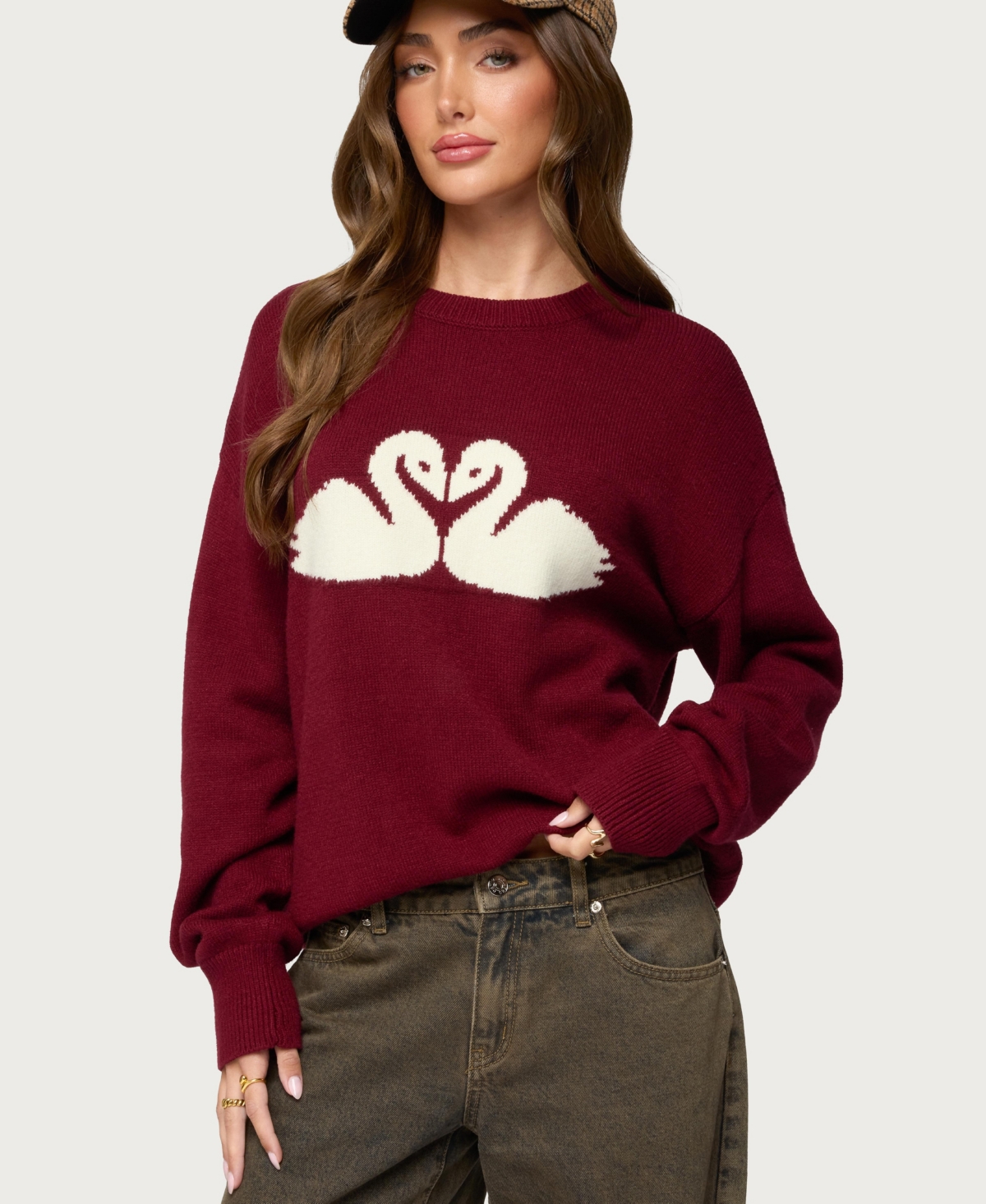 Click here for Edikted Womens Swan Oversized Knit Sweater - Burgu... prices