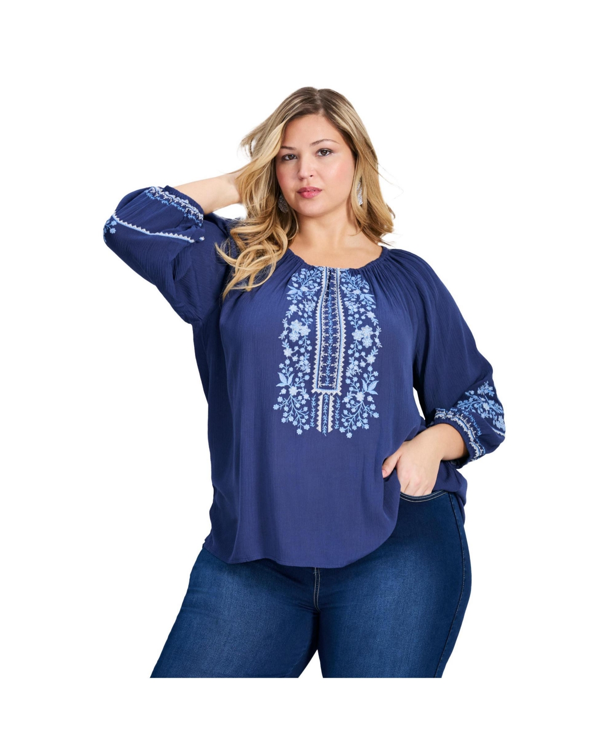 Click here for Avenue Womens Anna Embroidery Detail Top - Navy prices