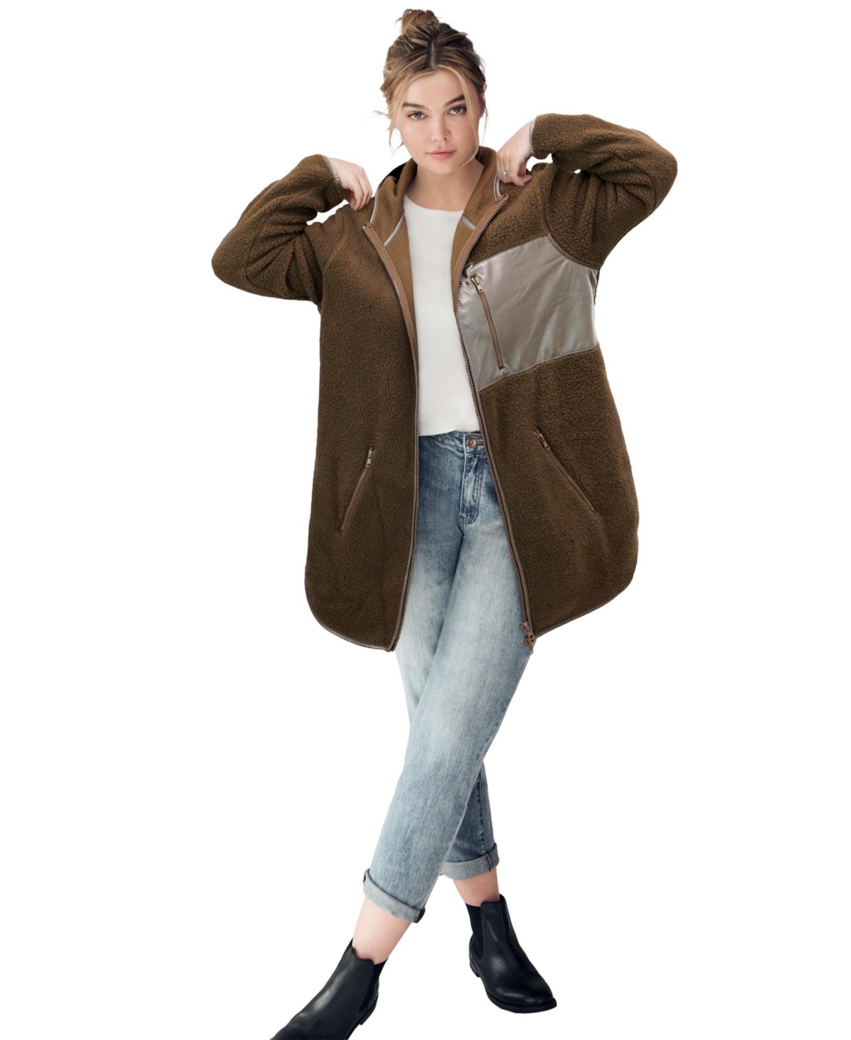 Click here for ellos Womens Zip Front Hooded Sherpa Jacket - Brow... prices