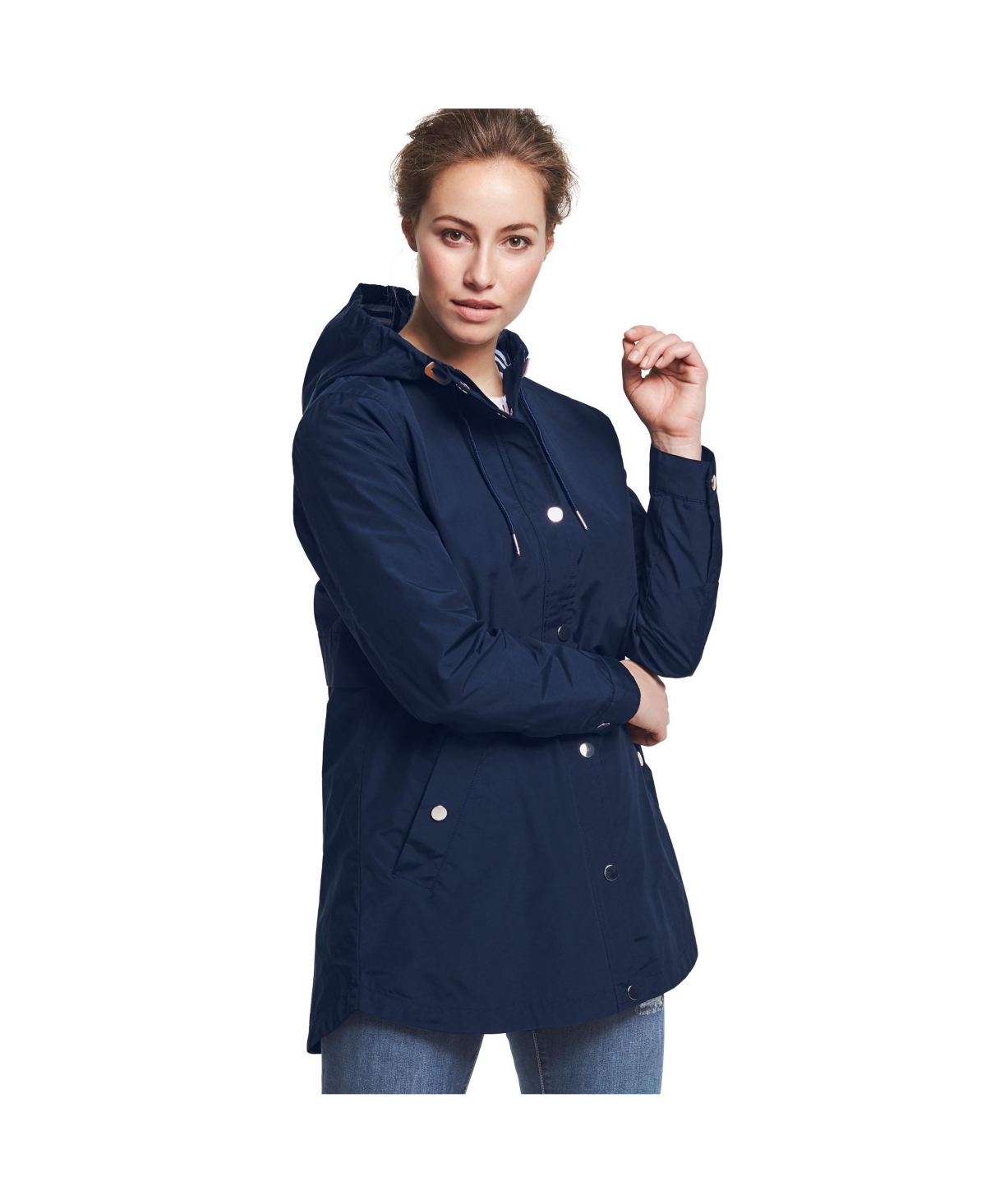 Click here for ellos Womens Snap-Front Hooded Raincoat - Navy prices