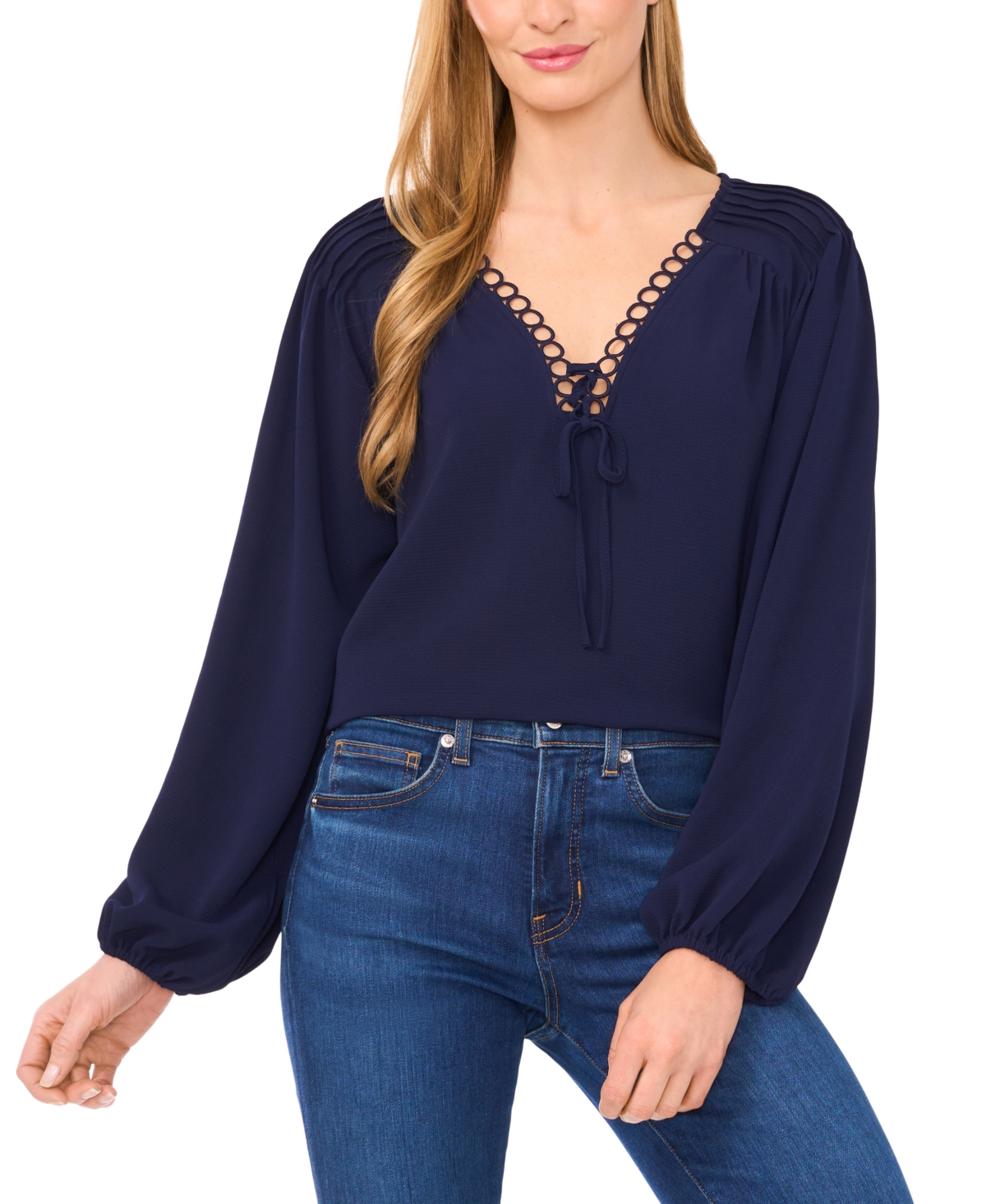 Click here for CeCe Womens Circular Trim Pin-Tuck Long Sleeve Blo... prices