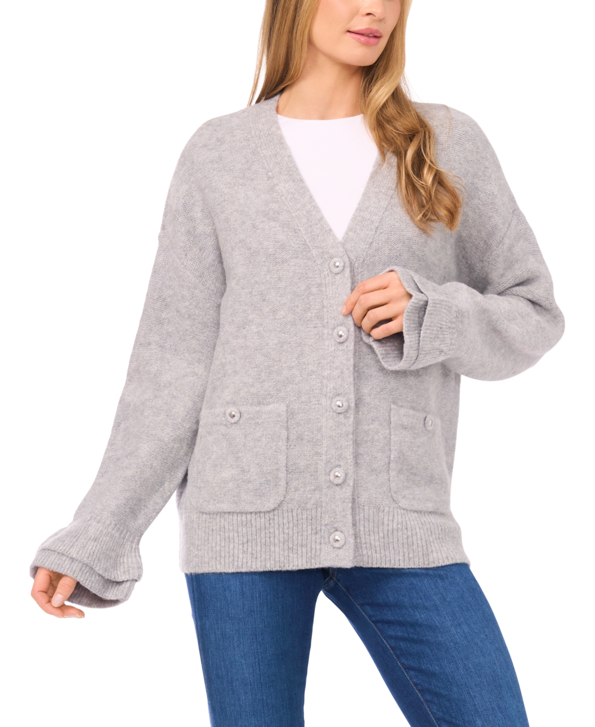 Click here for CeCe Womens V-Neck Ruffle Cuff Cardigan Sweater -... prices