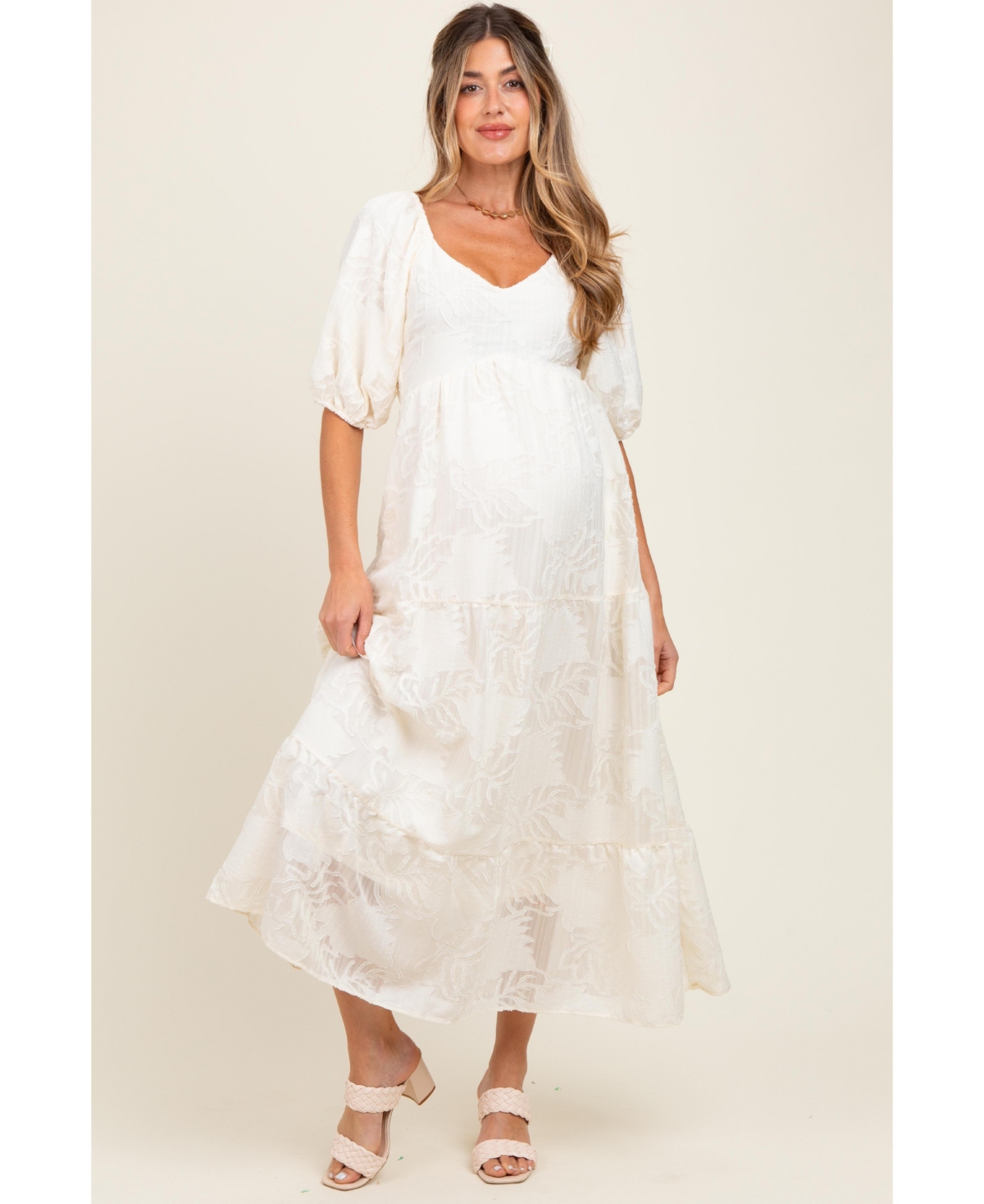Click here for Pinkblush Maternity Cream Leaf Textured Tiered Mid... prices