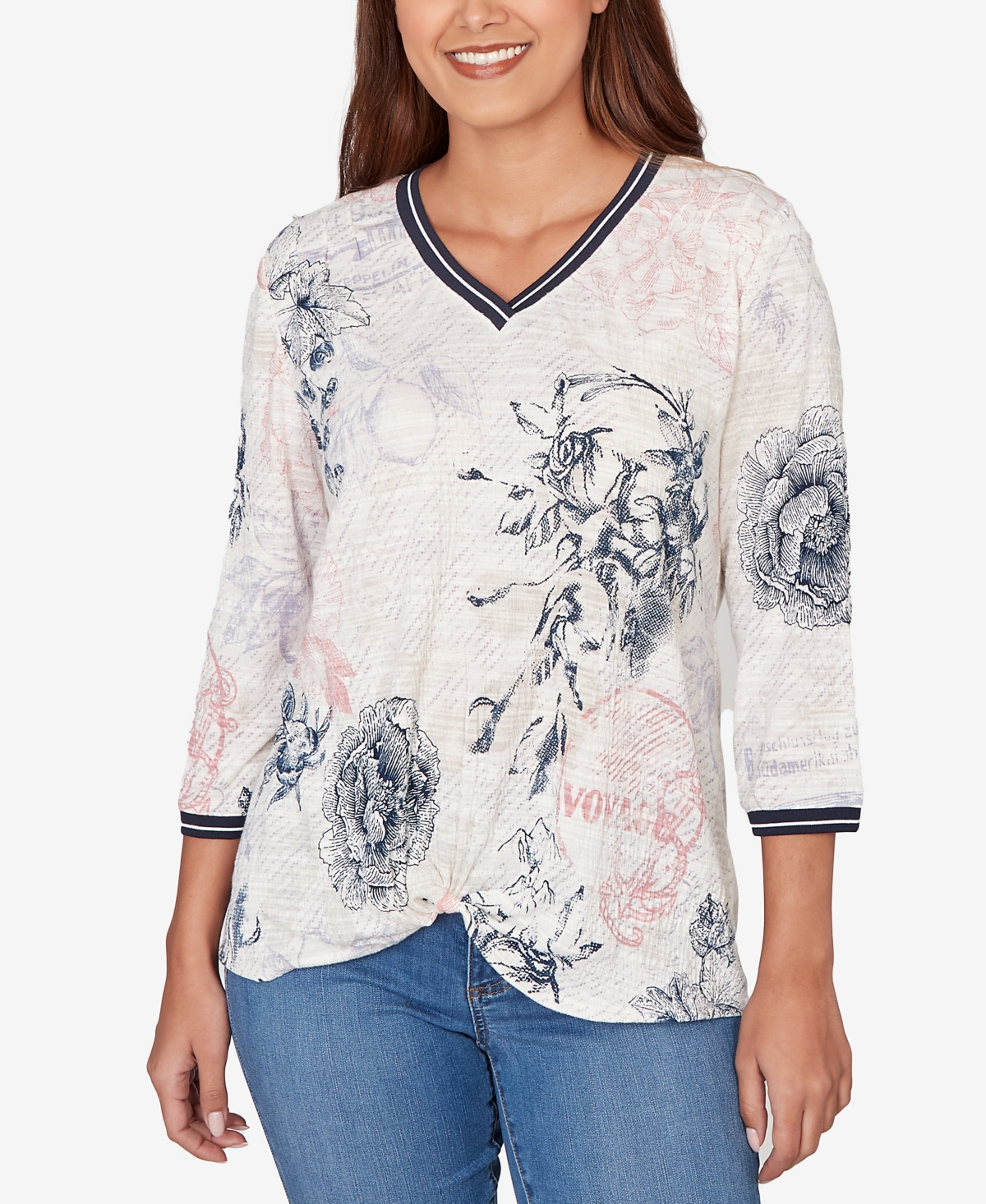 Click here for Ruby Rd. Petite Botanical Stamp Knit Twist Front T... prices