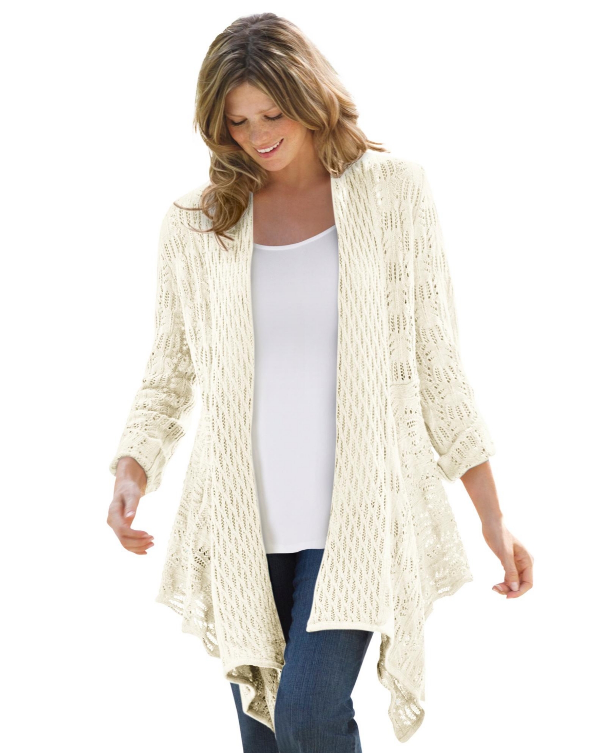 Click here for Woman Within Plus Size Open Front Pointelle Cardig... prices