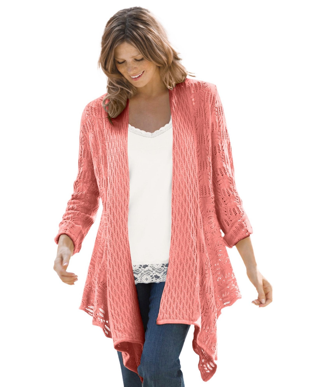 Click here for Woman Within Plus Size Open Front Pointelle Cardig... prices