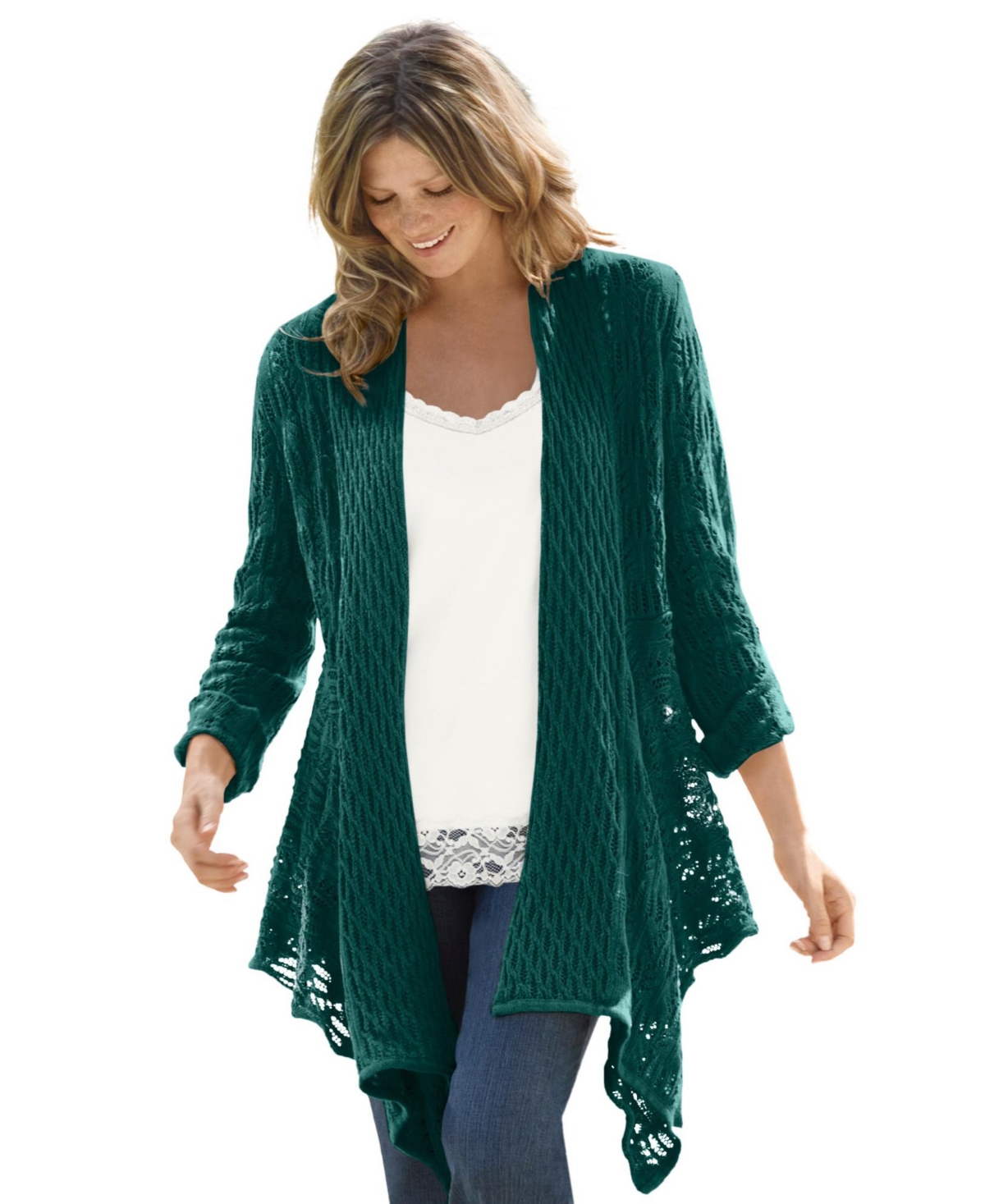 Click here for Woman Within Plus Size Open Front Pointelle Cardig... prices