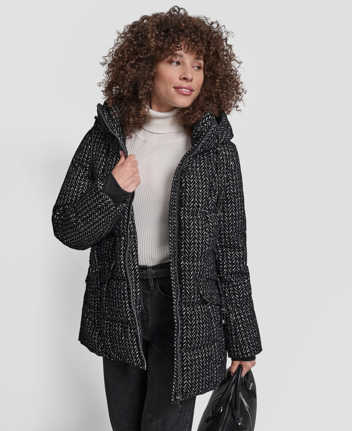 Click here for Dkny Womens Belted Hooded Puffer Coat - Herringbon prices