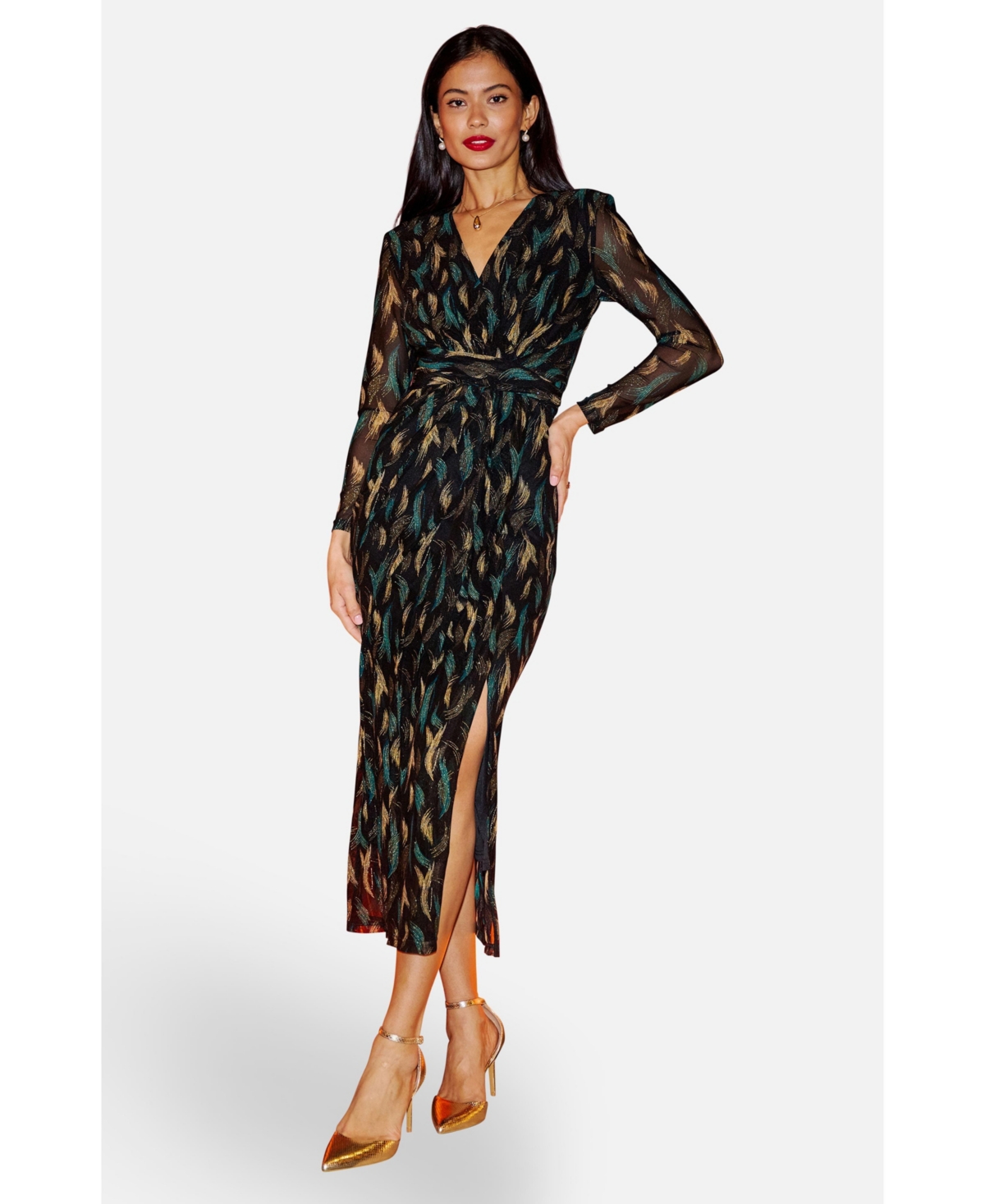 Click here for Yumi Womens Metallic Sparkle Mesh Wrap Midi Dress... prices