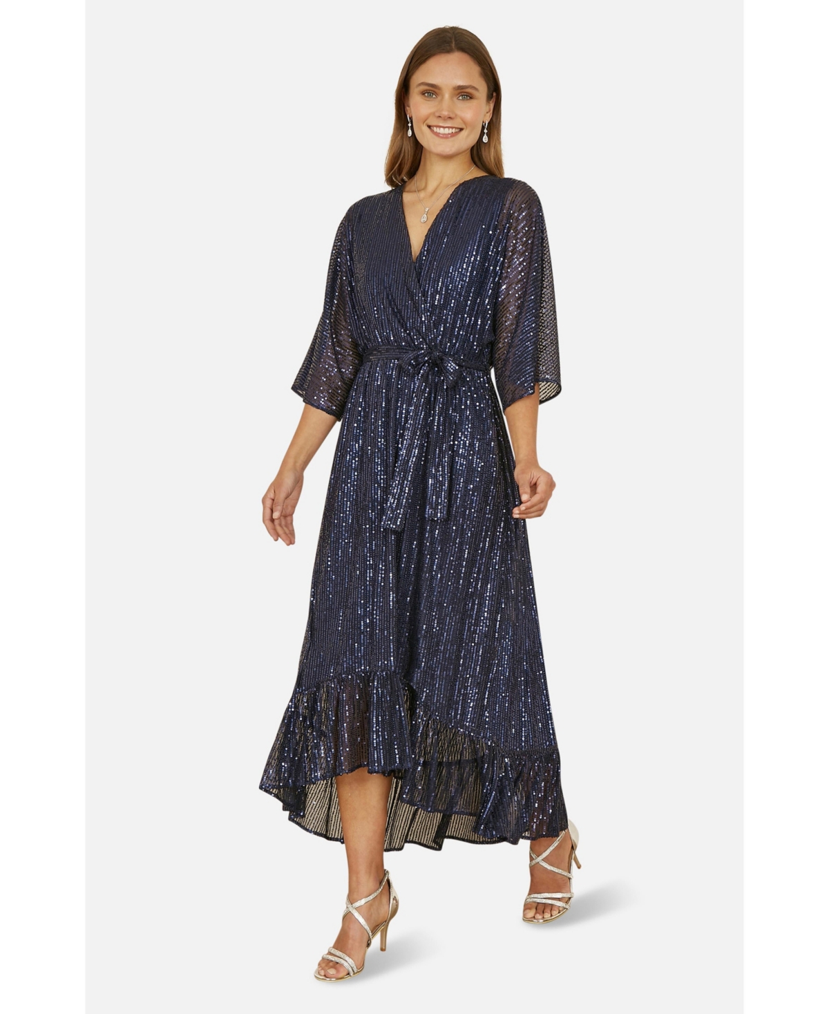 Click here for Yumi Womens Sequin Kimono Midi Wrap Dress - Navy prices