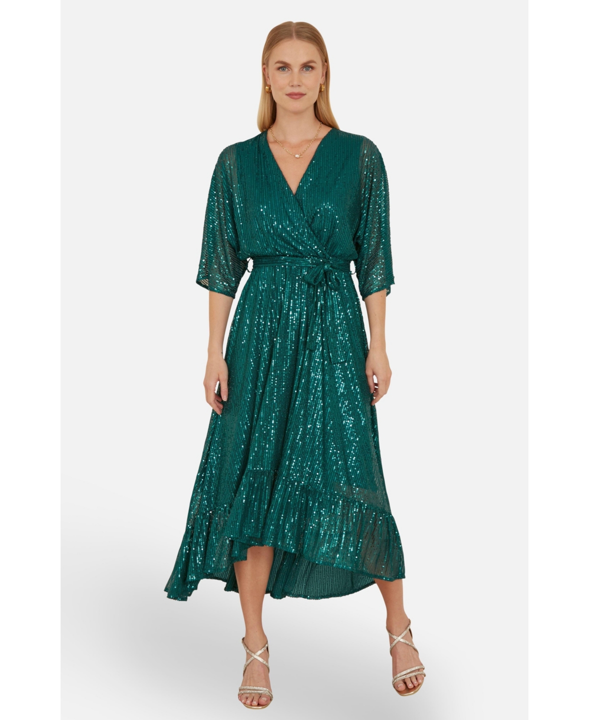 Click here for Yumi Womens Sequin Kimono Midi Wrap Dress - Green prices
