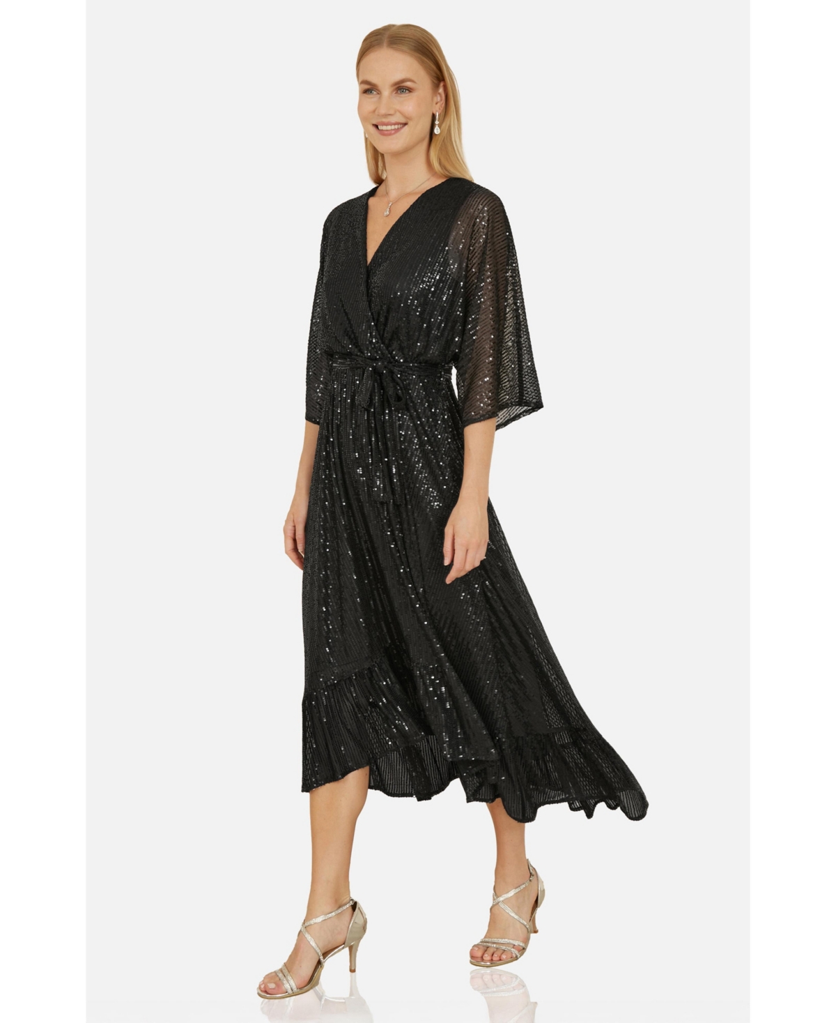 Click here for Yumi Womens Sequin Kimono Midi Wrap Dress - Black prices