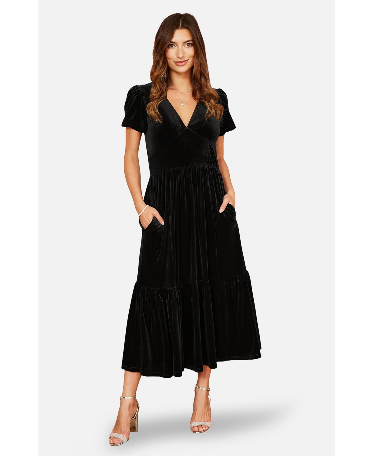 Click here for Yumi Womens Velvet Midi Dress - Black prices