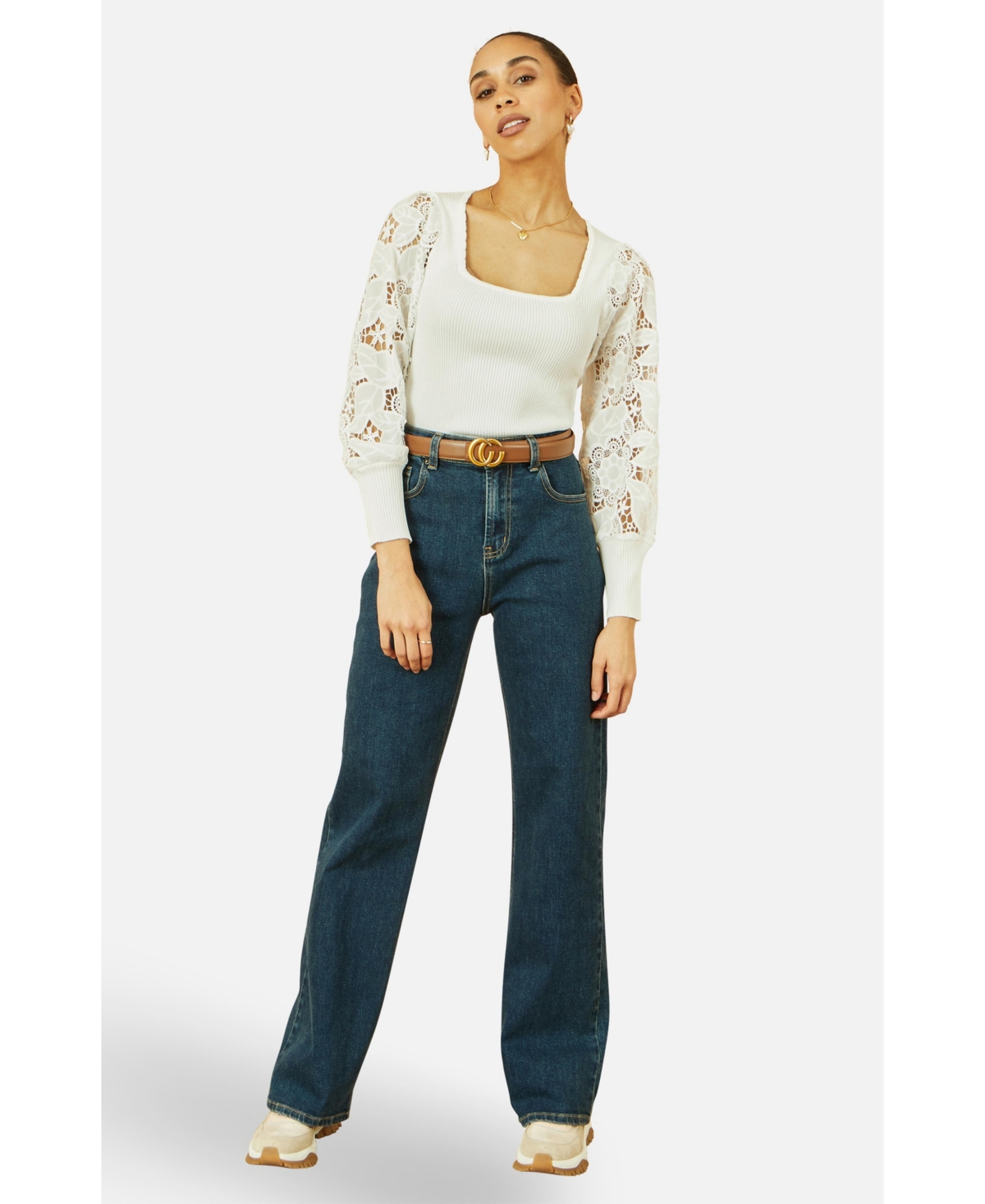 Click here for Yumi Womens Ribbed Knitted Lace Sleeve Top - White prices