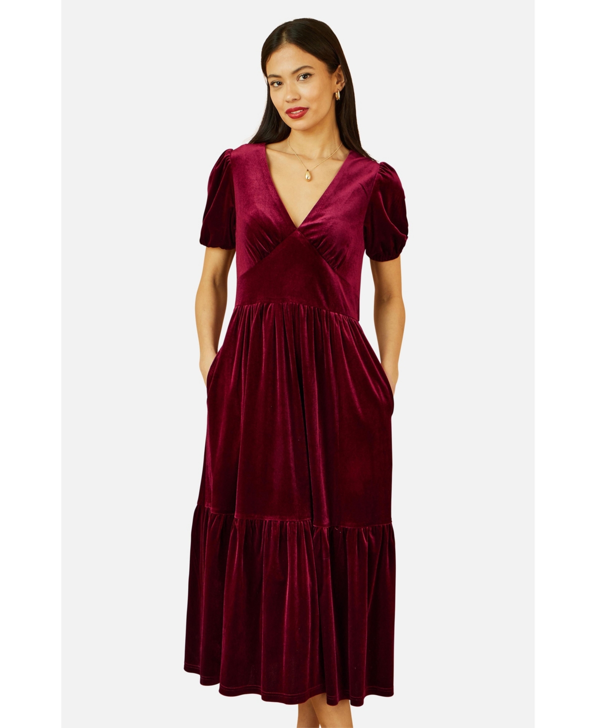 Click here for Yumi Womens Velvet Midi Dress - Burgundy prices