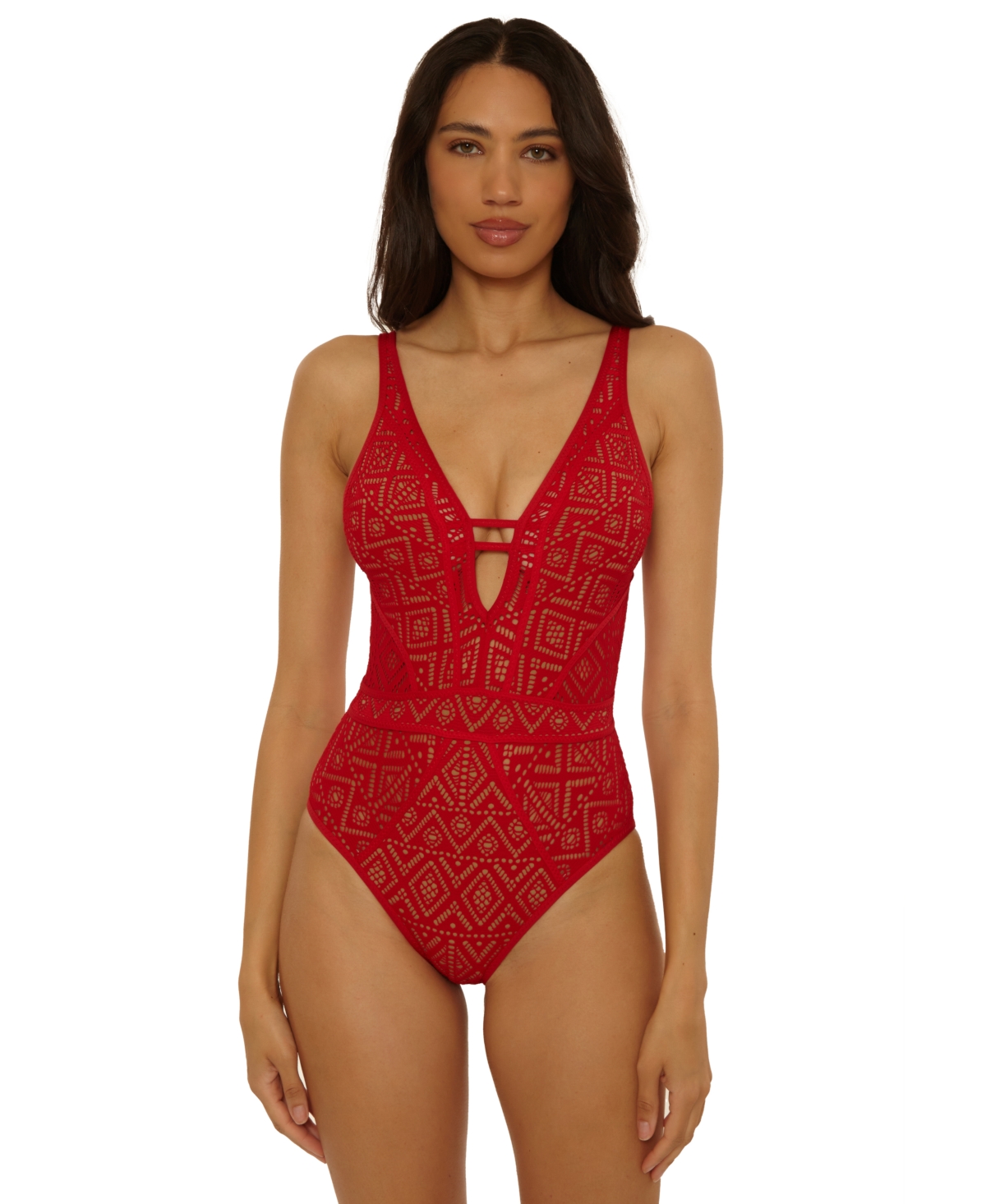 Click here for Becca Womens Color Play Crochet Plunge One-Piece S... prices
