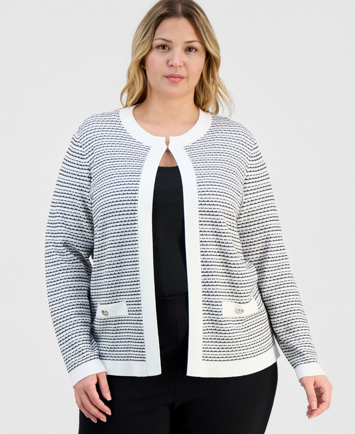 Click here for Kasper Plus Size Textured Long-Sleeve Cardigan Jac... prices