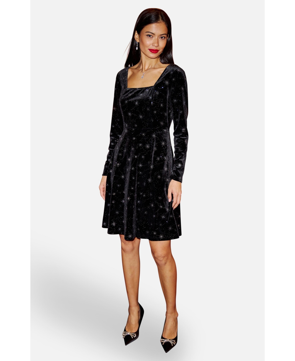 Click here for Yumi Womens Starburst Foil Print Skater Dress - Bl... prices