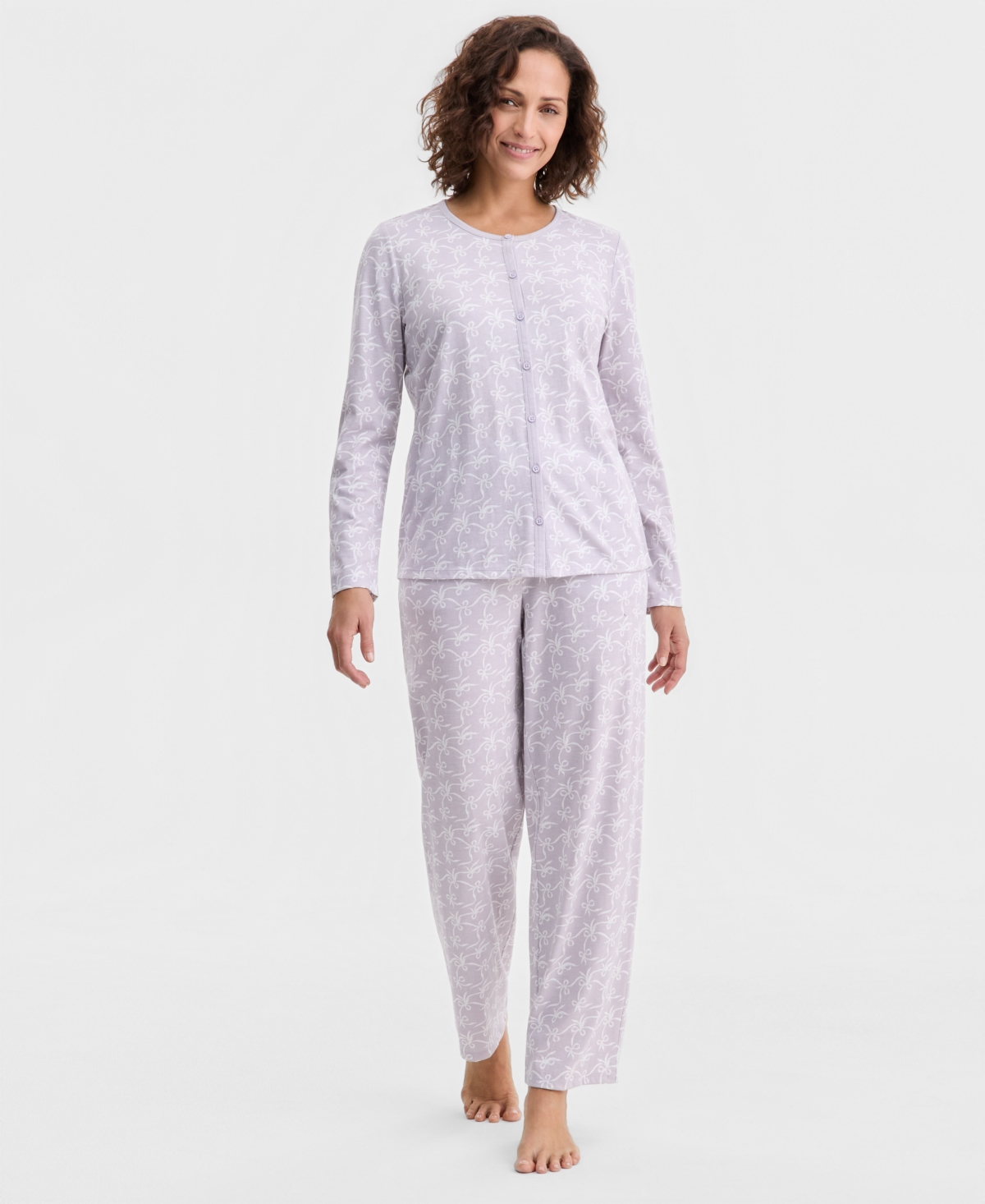 Charter Club Womens Cotton Printed Button-Front Pajama Set  Exclusively at Macys - Bows And Ribbon