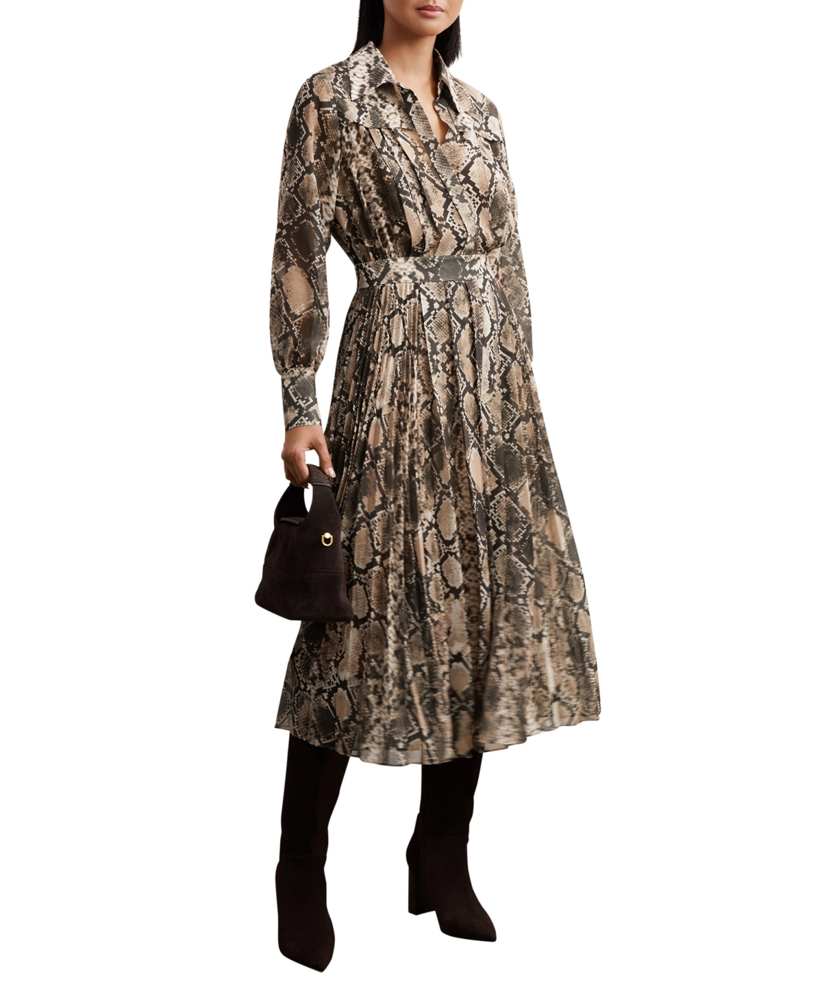 Click here for Reiss Womens Snake-Print Pleated Midi Dress - Neut... prices