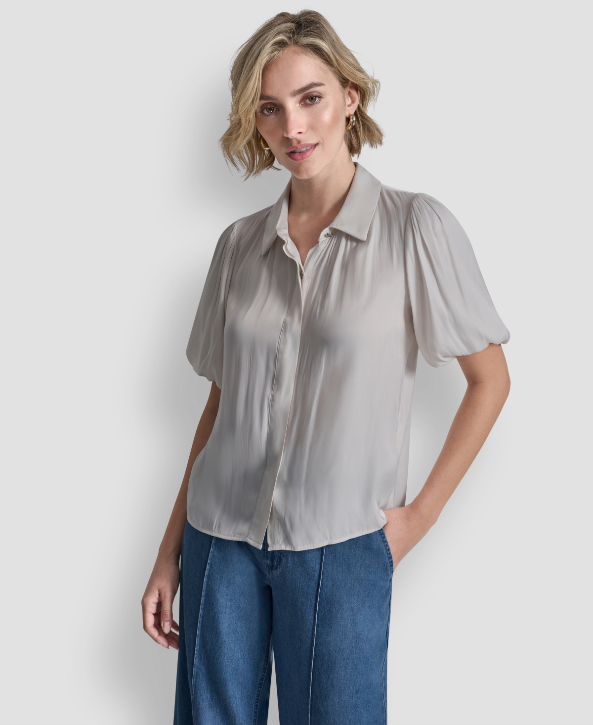 Click here for Dkny Womens Short-Sleeve Park Satin Top - Ivory prices