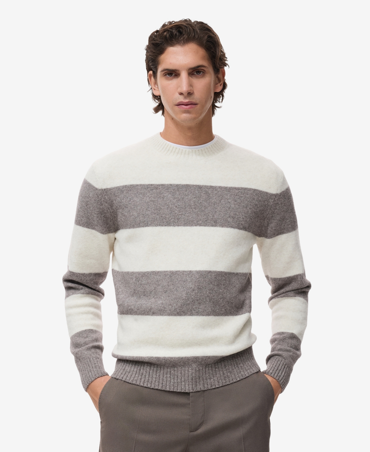 Click here for Mango Mens Wool-Blend Striped Sweater - Ecru prices