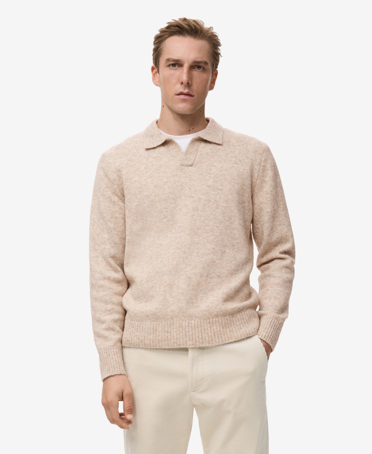 Click here for Mango Mens Knitted Wool Blend Polo Sweater - Sand prices