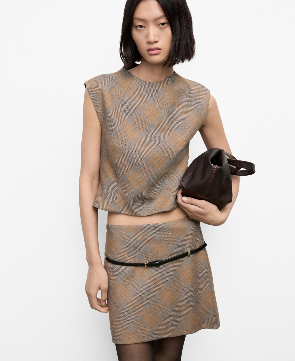 Click here for Mango Womens Fitted Check Top - Brown prices