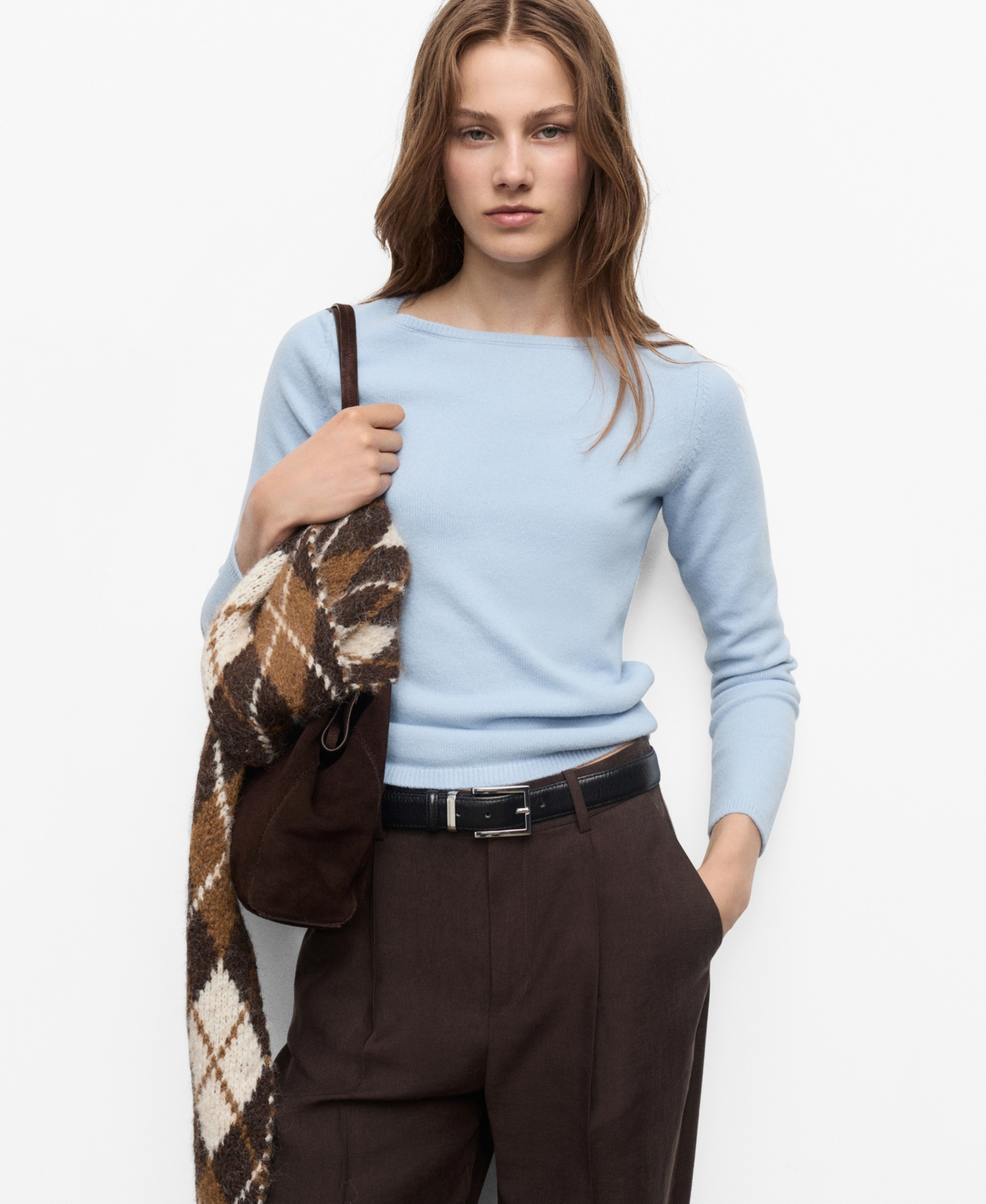 Click here for Mango Womens Boat Neck Sweater - Sky Blue prices