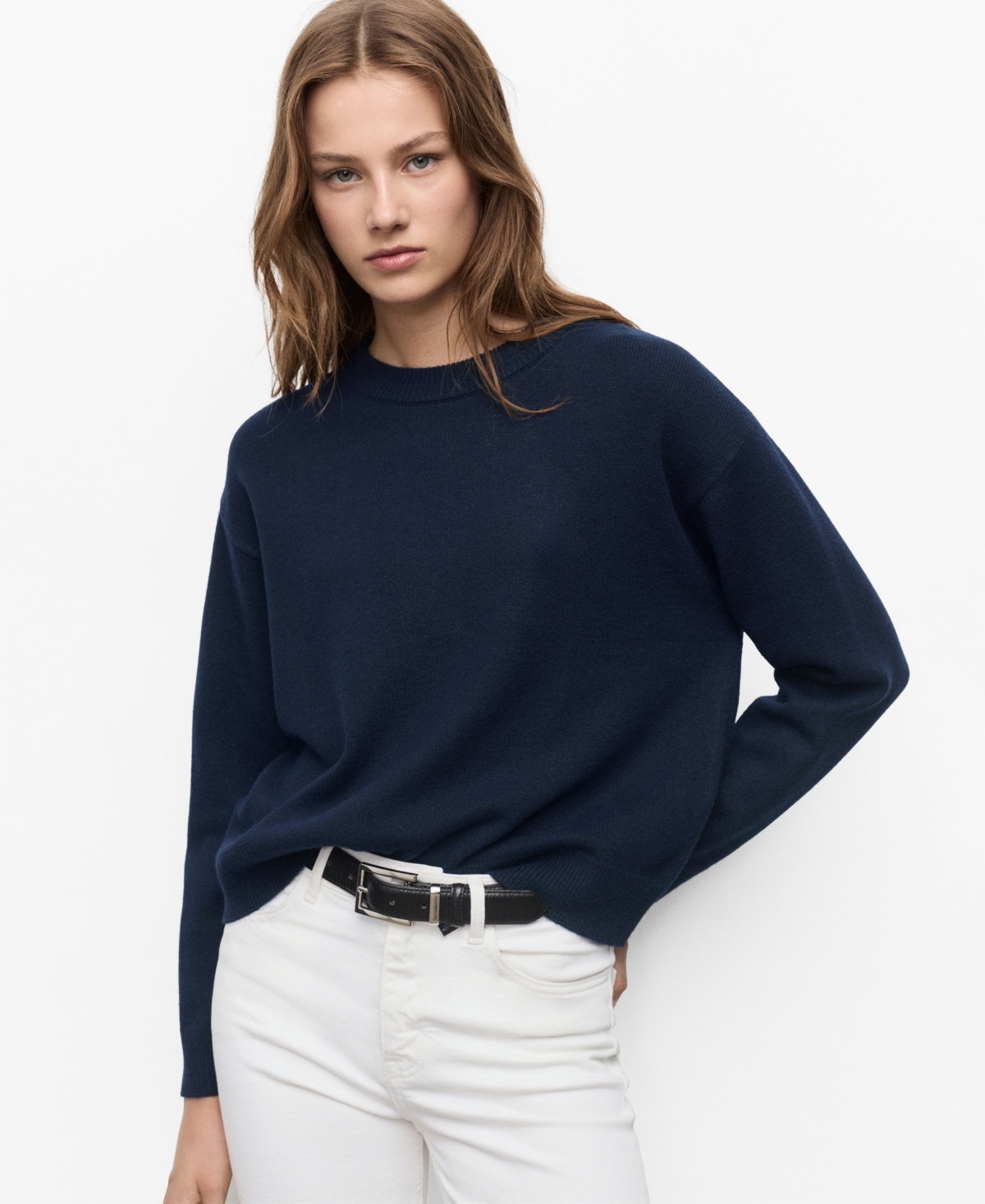 Click here for Mango Womens Round-Neck Knitted Sweater - Dark Nav... prices