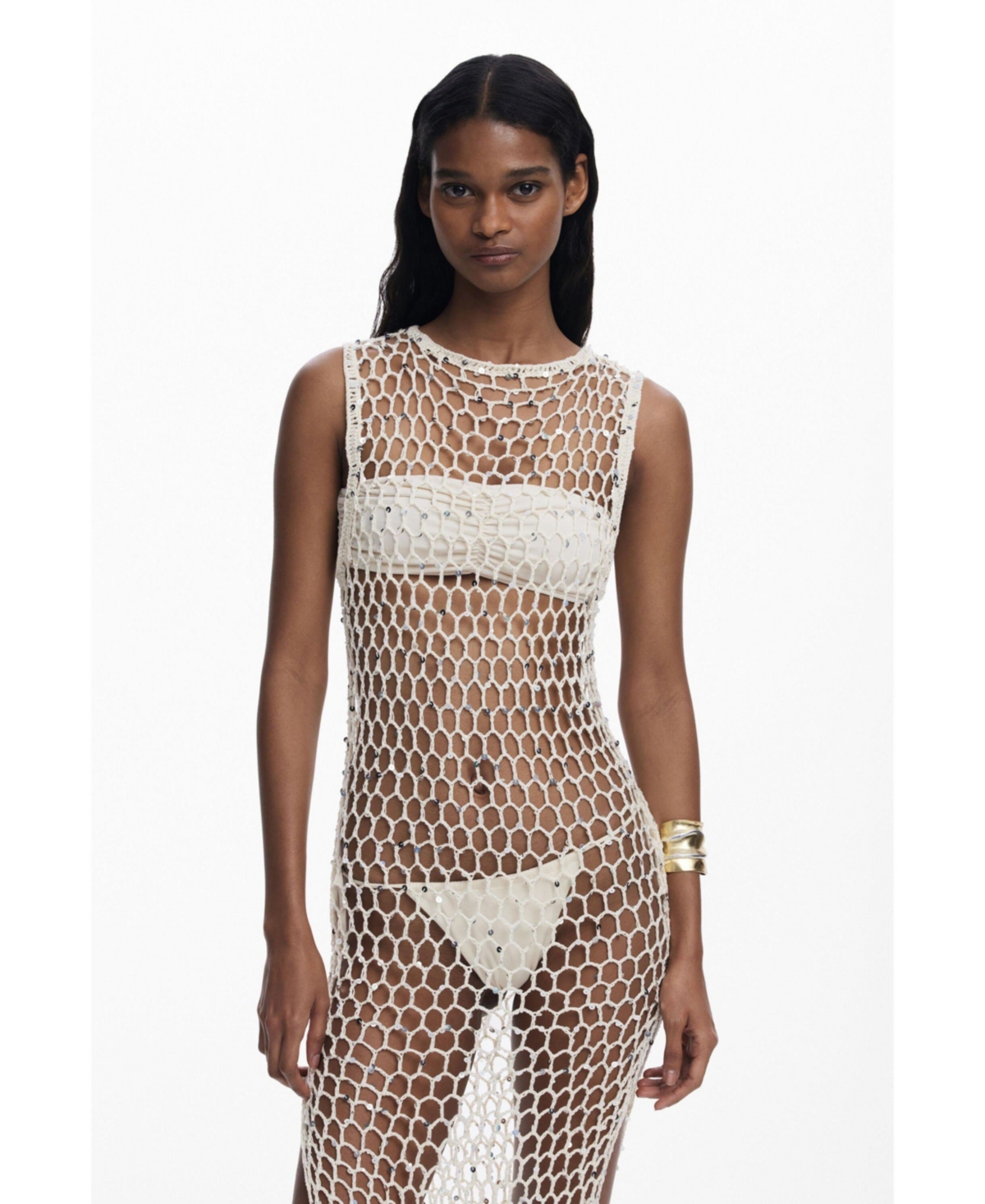 Click here for Desigual Womens Wrap dress with net appliques - Li... prices