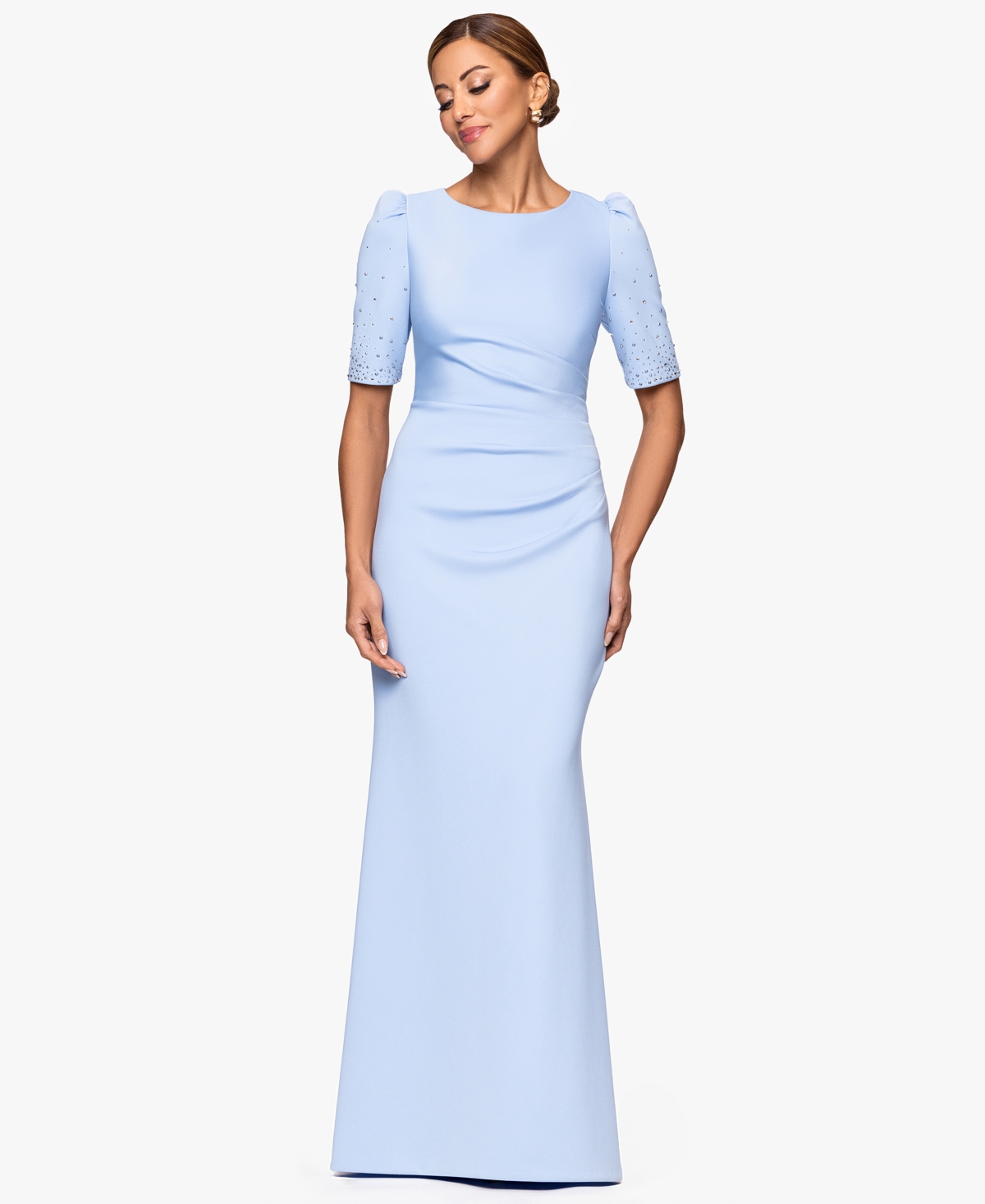 Click here for Xscape Womens Embellished Scuba Boat-Neck Gown - P... prices