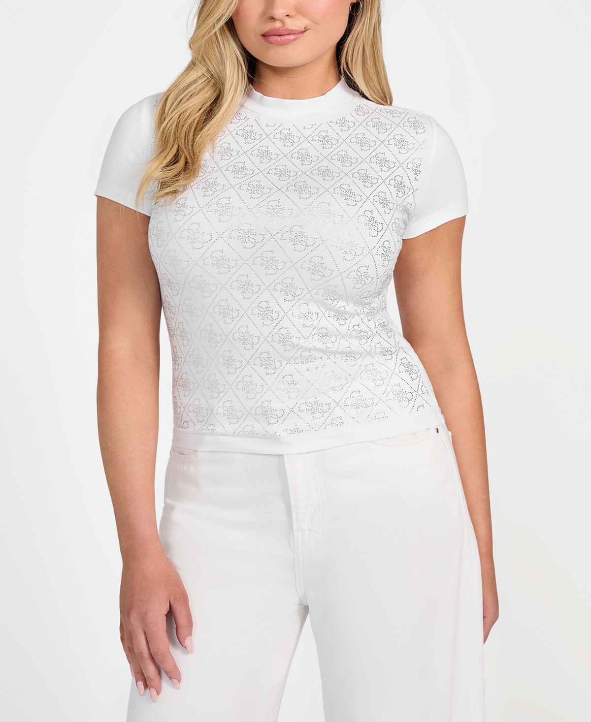 Click here for Guess Womens Rhinestone-Logo Mock-Neck Short-Sleev... prices