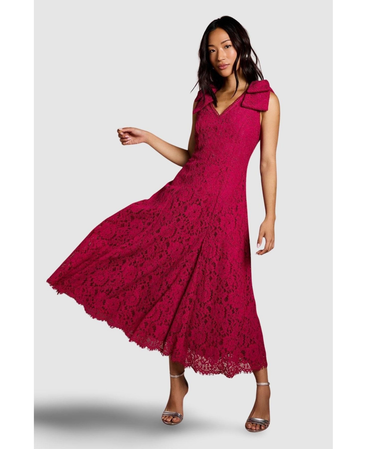 Click here for Coast Womens Bow Shoulder V Neck Lace Midi Dress -... prices