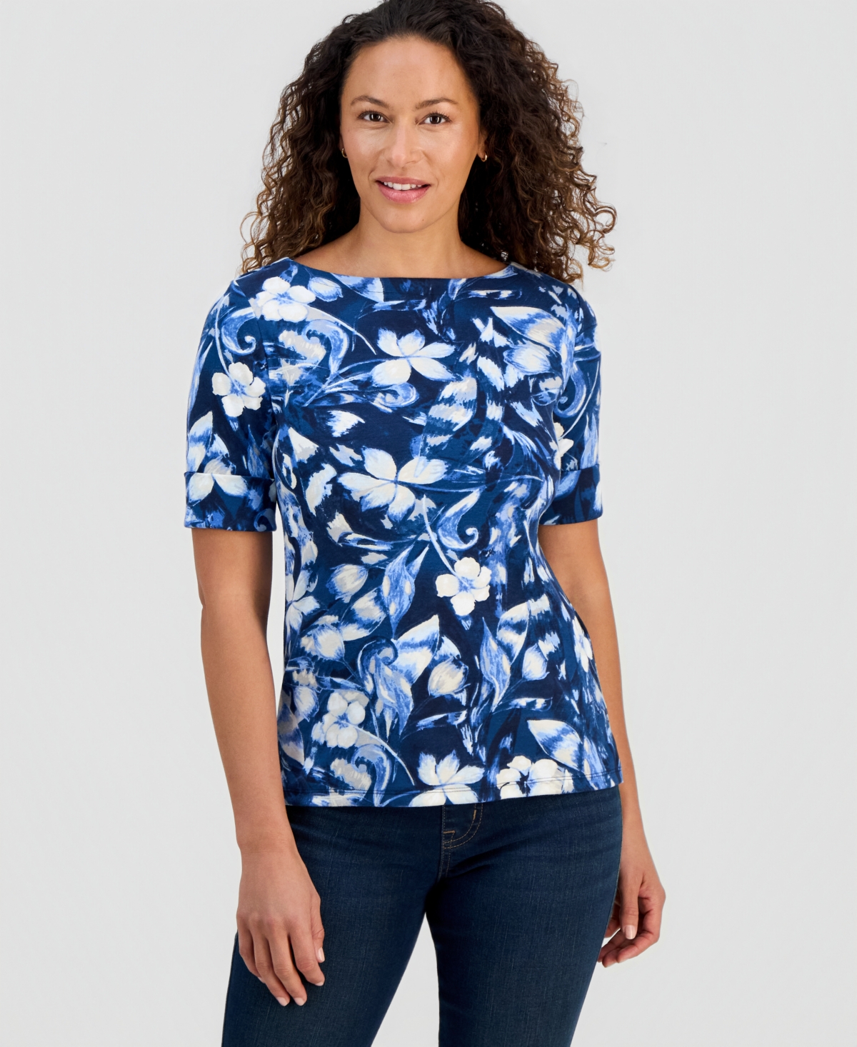 Click here for Style & Co Petite Striped Boat-Neck Elbow-Sleeve T... prices